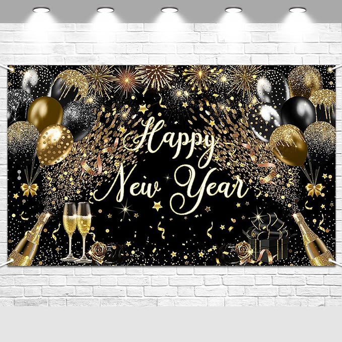 Amazon.com: Avezano Happy New Year Party Banner Black Gold New Year ...
