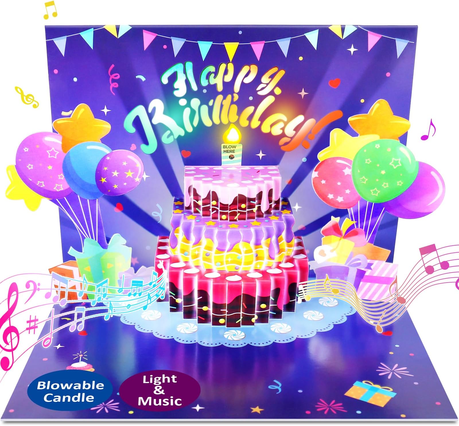 Birthday Cards, Musical Pop Up Greeting Card w Lights, Blow Out Candle ...