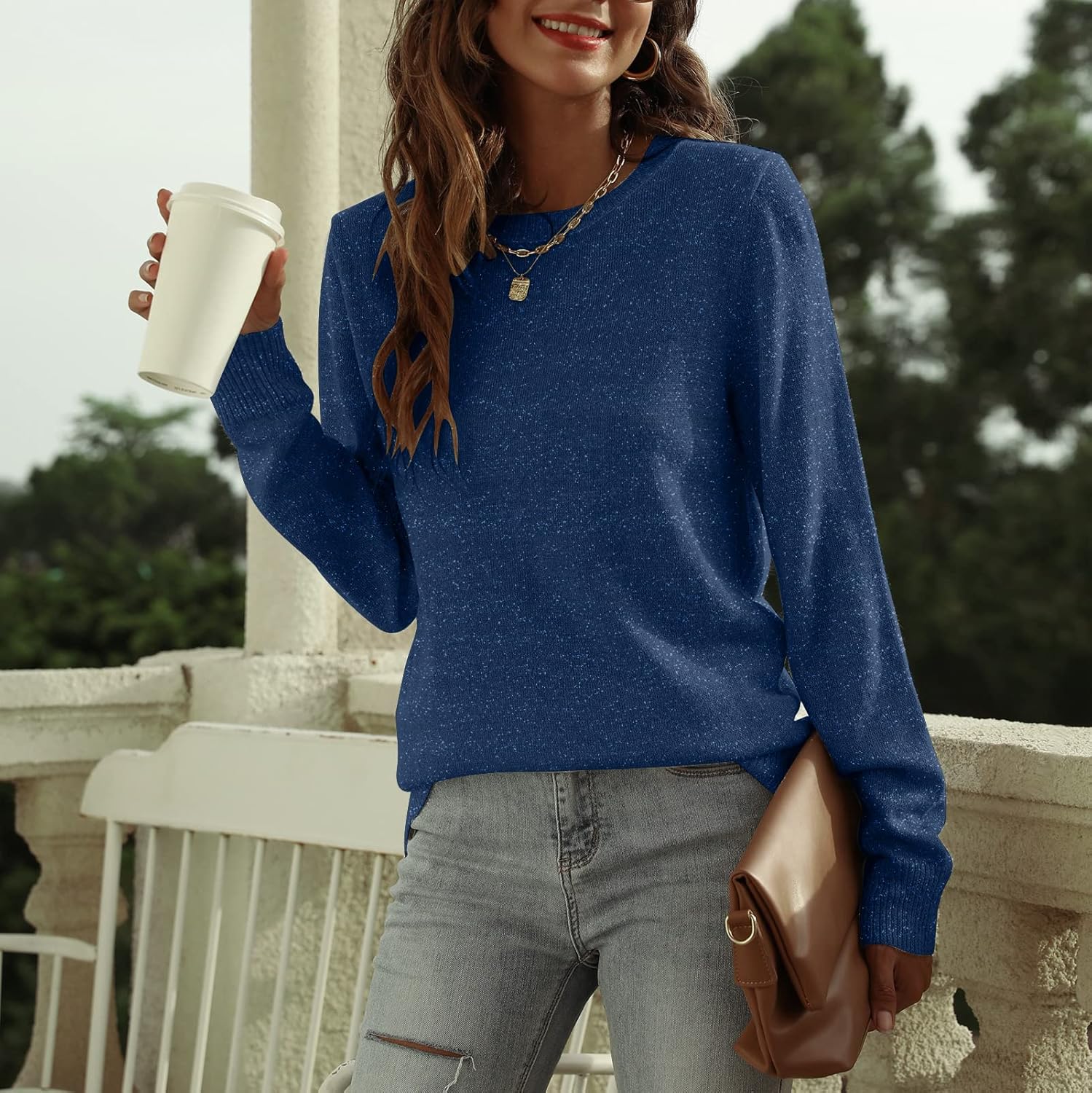 DUTUT Women's Long Sleeve Glitter Tops Crewneck Pullover Sweater Basic ...