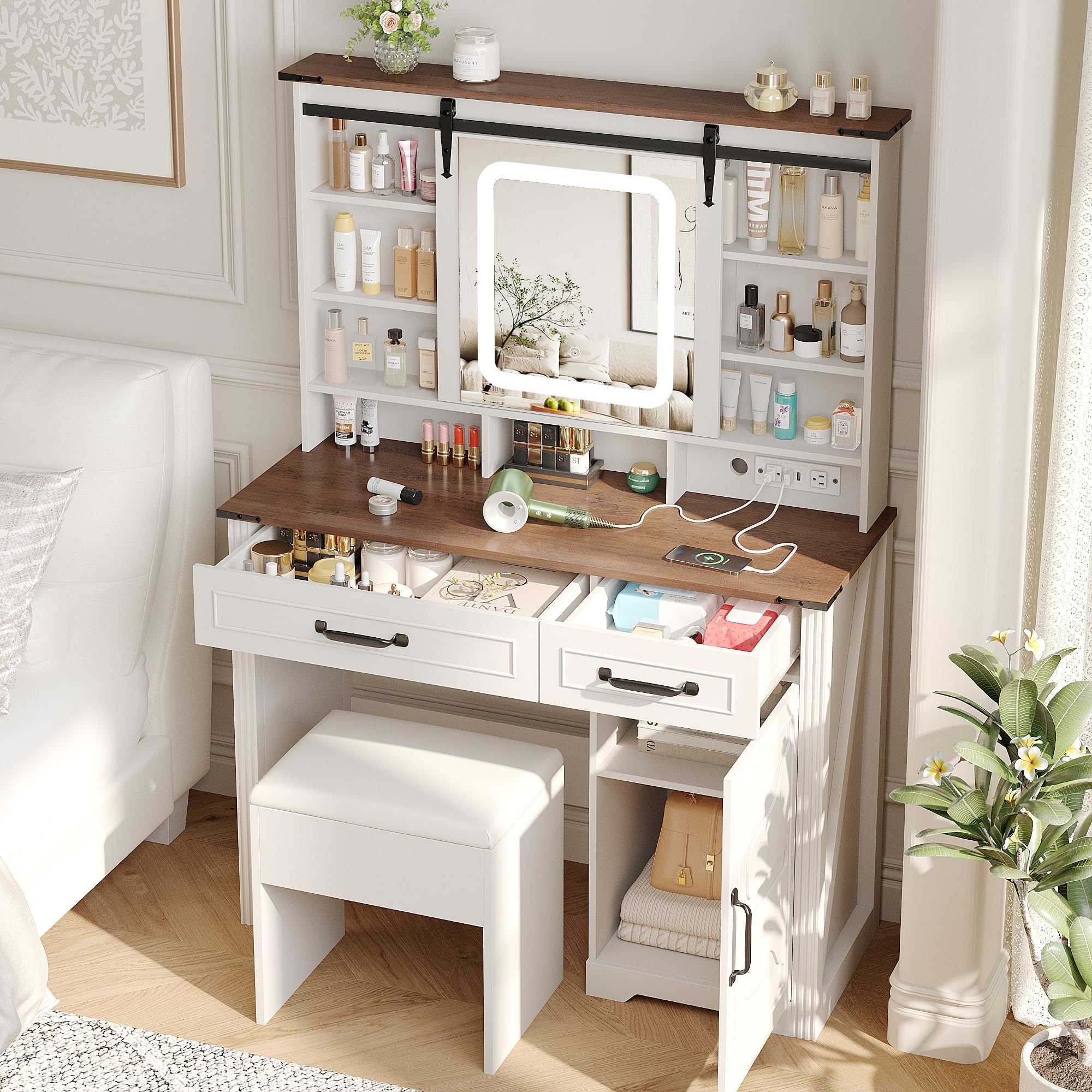 Amazon.com: MECHYIN Modern Makeup Vanity Desk with Mirror and Lights ...
