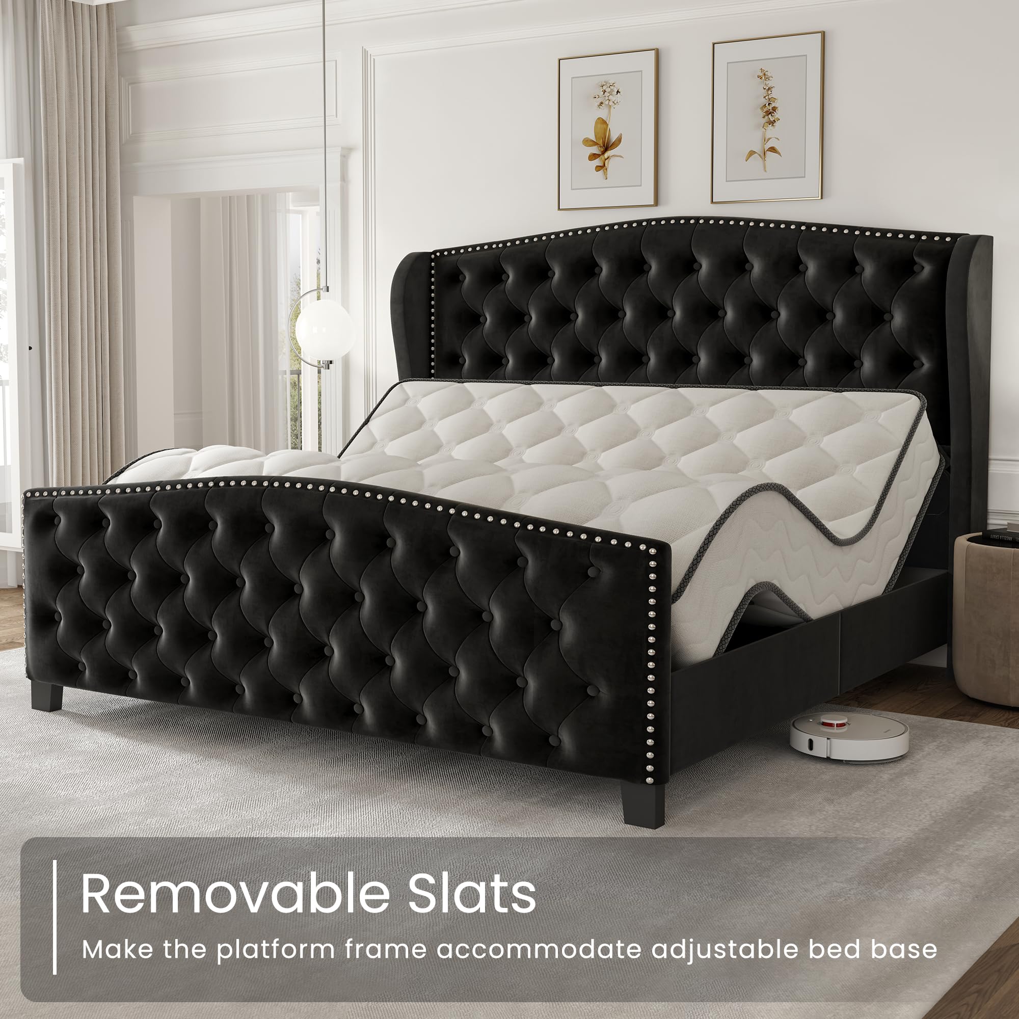 Queen Size Bed Frame Velvet Platform Bed with Wingback Headboard ...