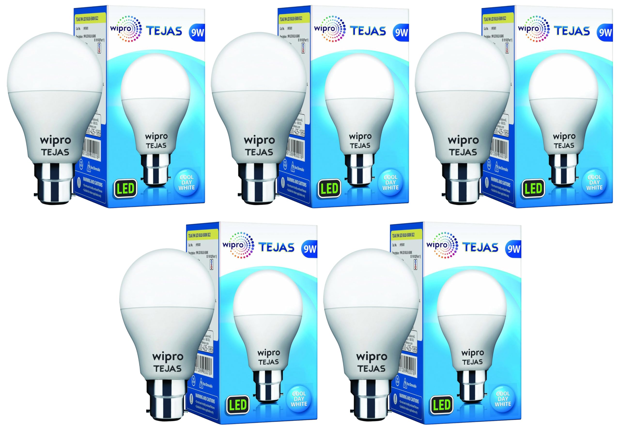 Buy wipro Tejas Base B22 9-Watt LED Bulb (Cool Day Light) (Pack of 5 ...