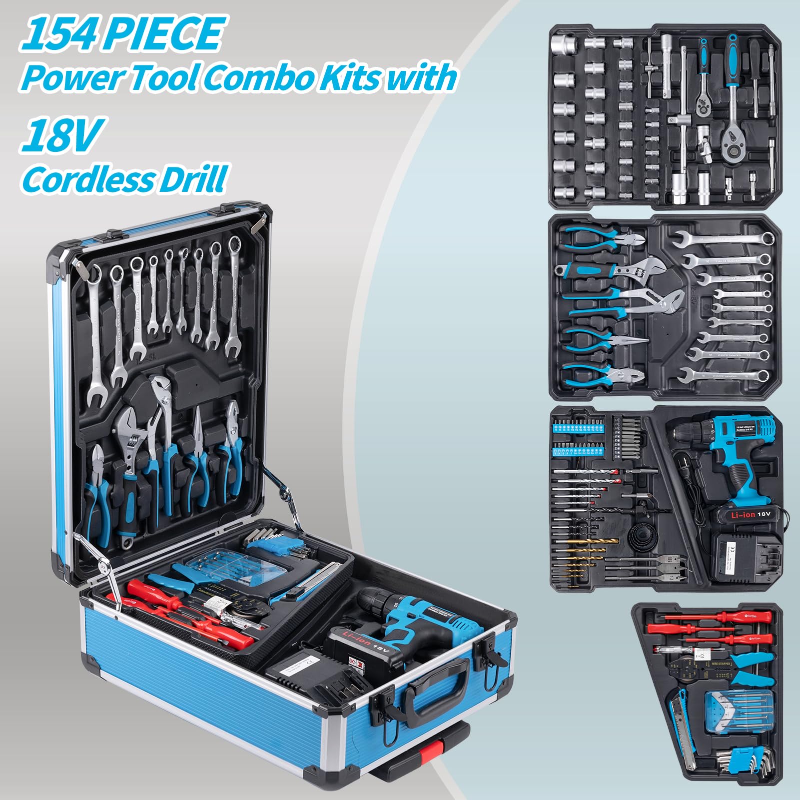 Power Tool Set with 18V Cordless Drill, Electric Power Drill Set, Tool ...