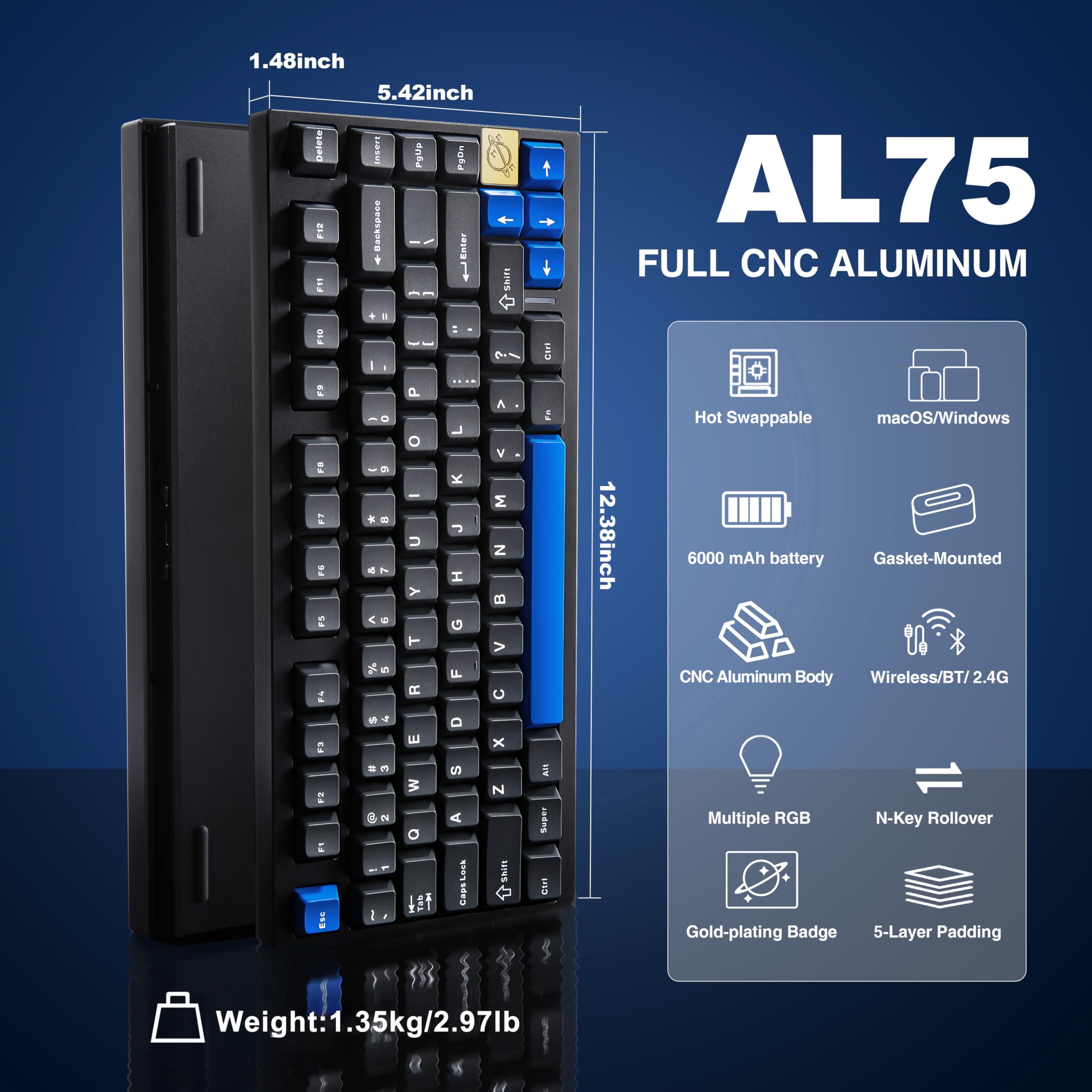 Snapklik.com : YUNZII AL75 75% Gaming Keyboard,Aluminium Wireless ...