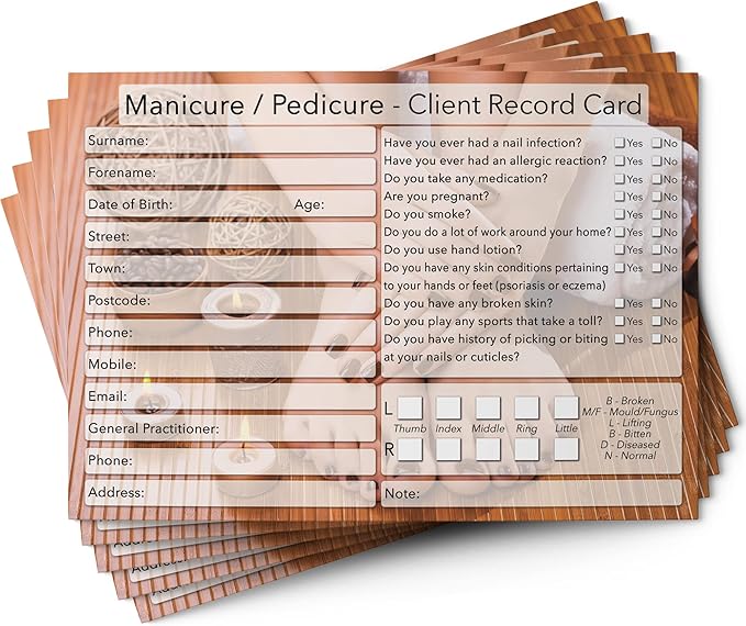 Nail Manicure Pedicure Client Cards A6 Size - Salon and Therapist ...