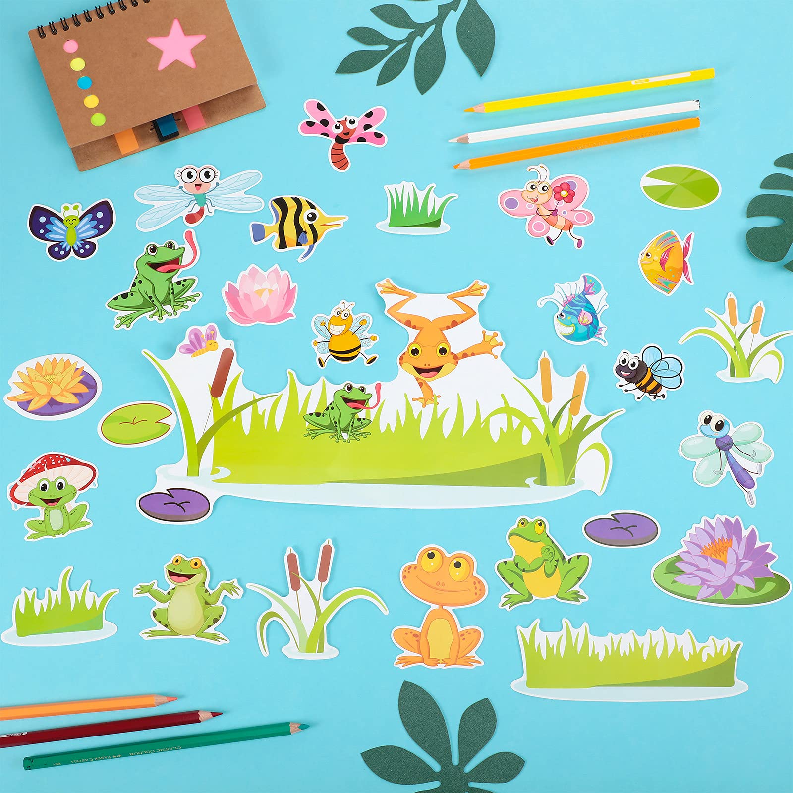 Buy 34 Pieces Funky Frogs Bulletin Board Set Frog Cattails Dragonflies ...