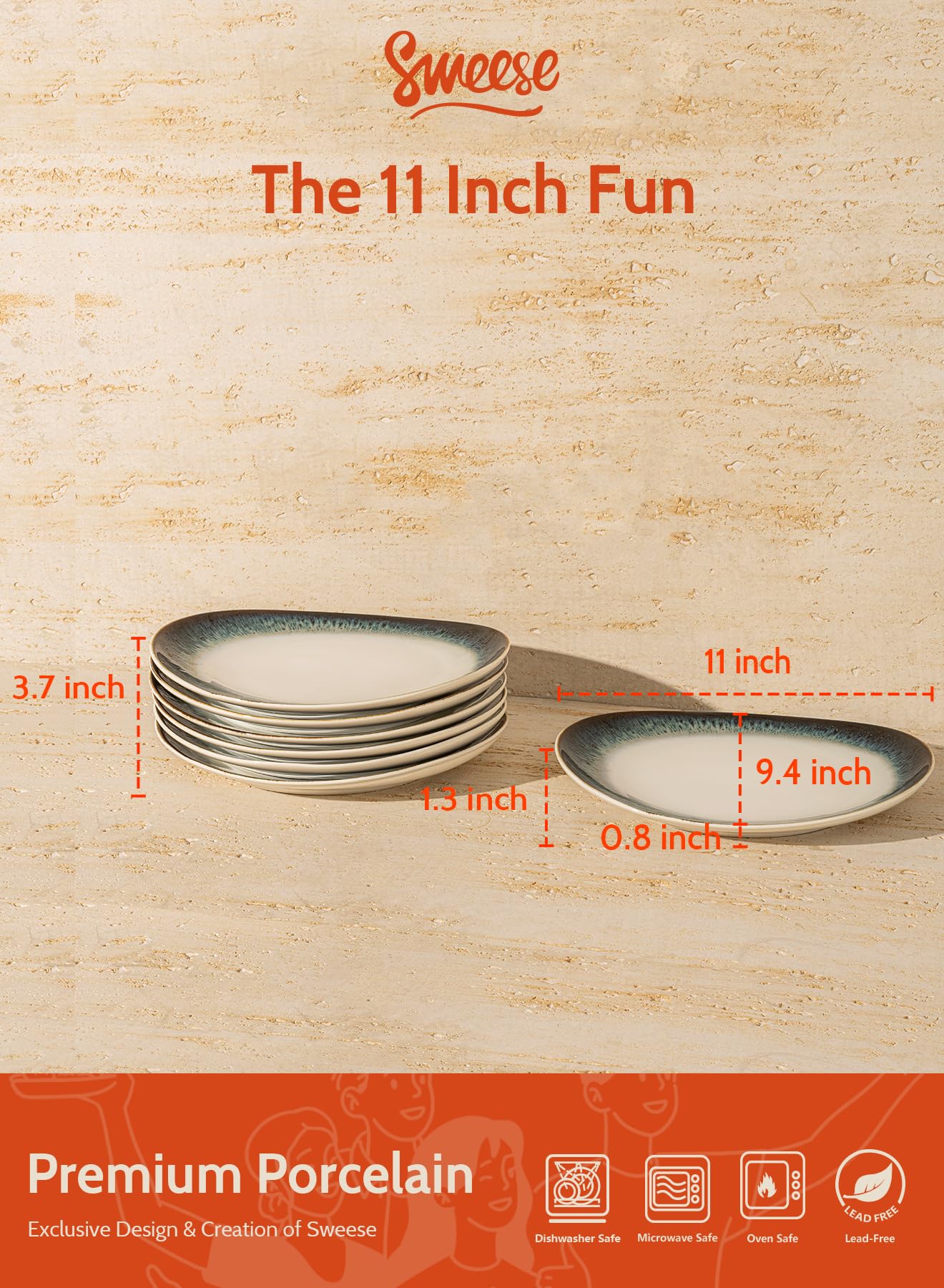 Sweese Porcelain Dinner Plates, 11 Inch Handmade Plates Set of 6, Dish ...