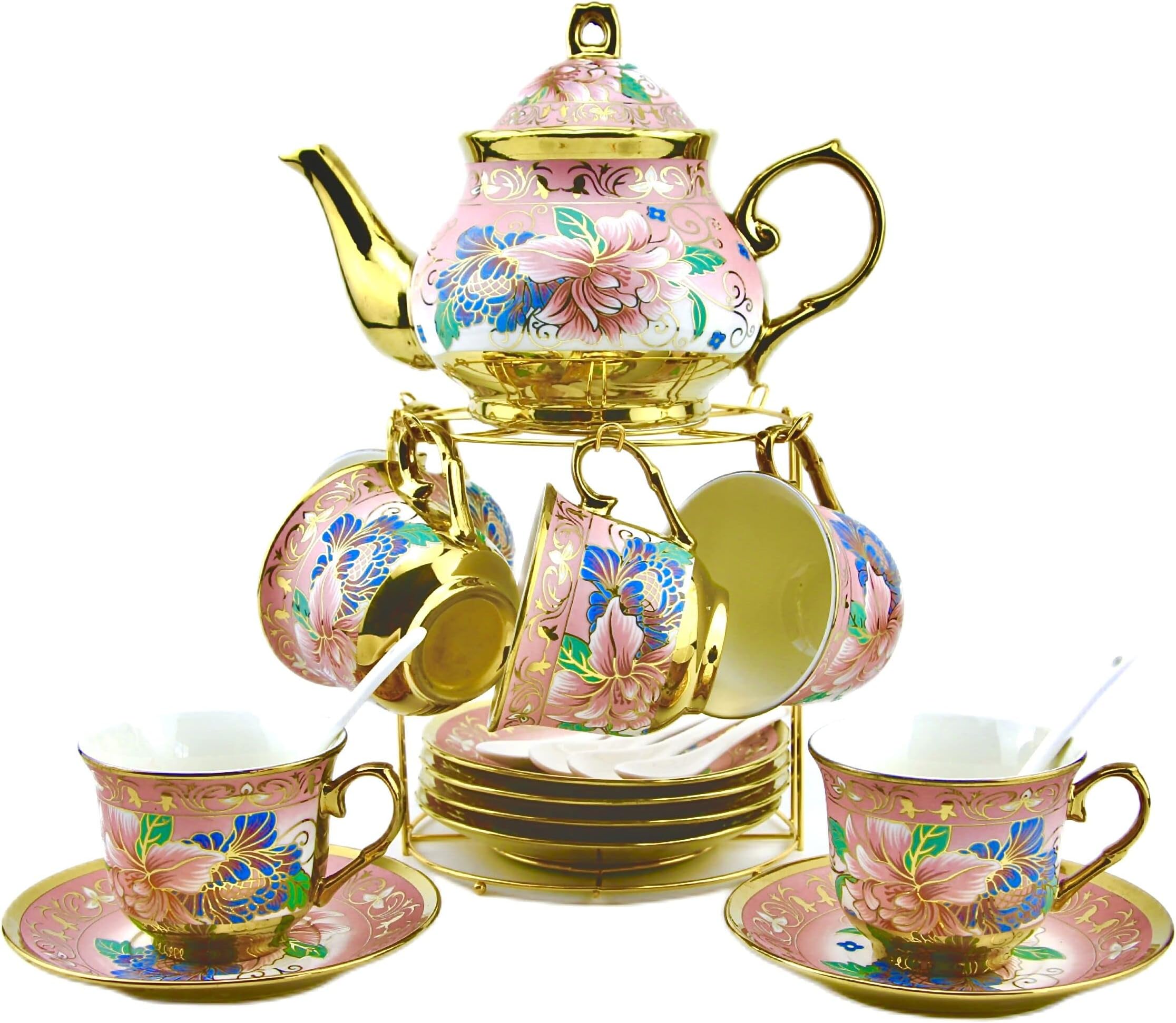 Amazon.com | Zhehao 20 Pcs Vintage Porcelain Tea Set with Metal Holder ...