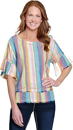 john mark Women's Embroidered Yarn Dye Stripe Top with Short Flounce ...