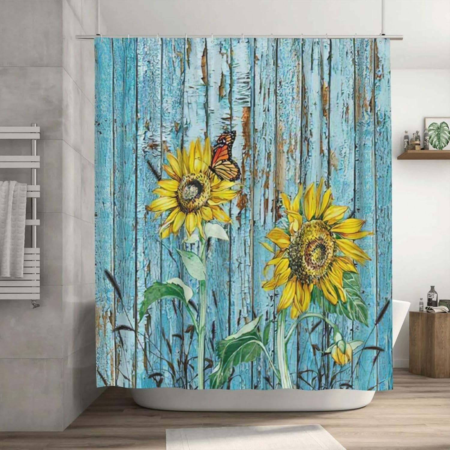 Amazon.com: Wsradto Rustic Floral Shower Curtain Sunflower Shower ...