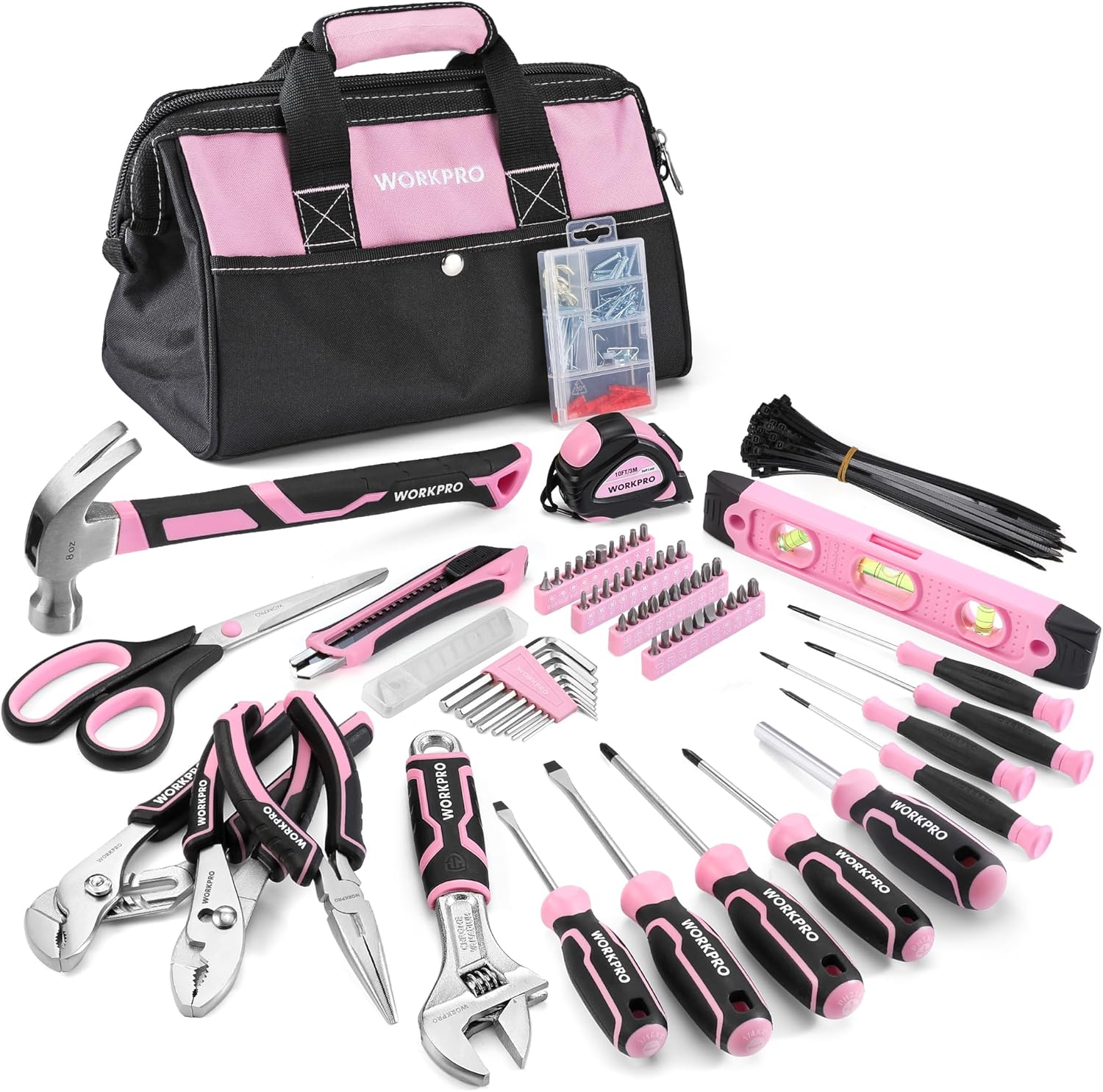 WORKPRO Pink Tool Set, 277 PCS Apartment Essentials Hand Tool Bag Set ...