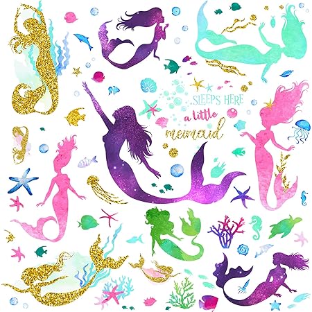 Amazon.com: 2 Sheets Mermaid Wall Decals Girls Glitter Wall Decals ...
