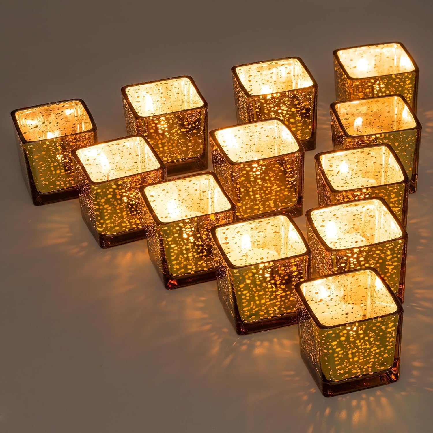 Glasseam Square Gold Candle Holders Set of 12, Mercury Glass Candle ...