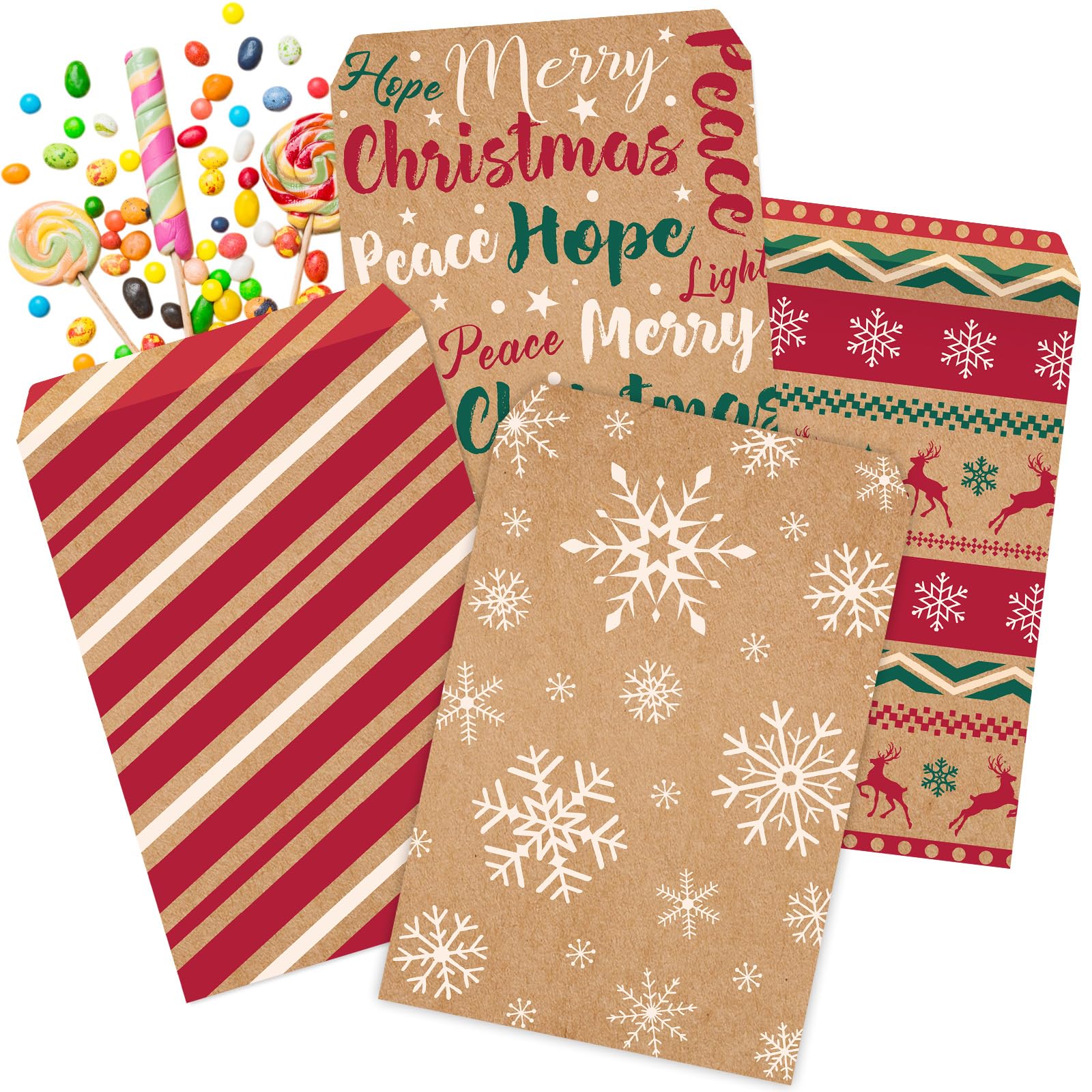 Amazon.com: Pasimy 100 Pcs Christmas Kraft Treat Goodie Bags with Self ...