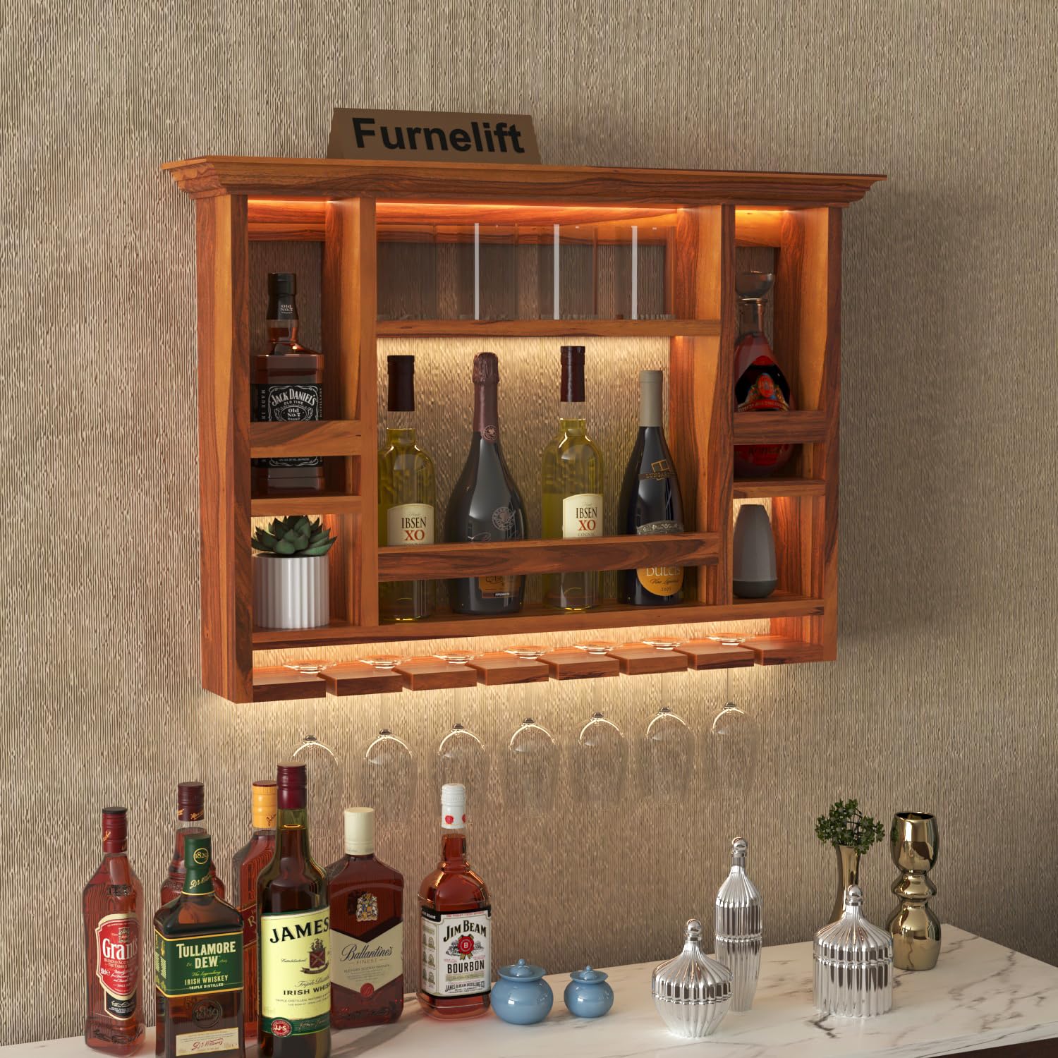 Furnelift Sheesham Wood Wall Mounted Chessy Wine Rack - 8 Bottle and ...