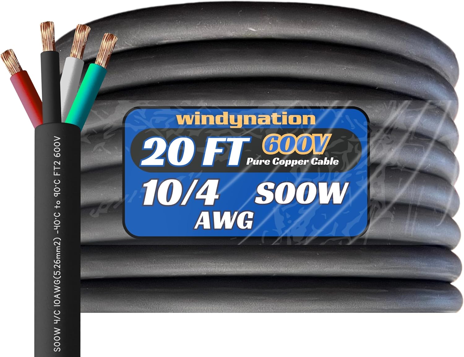 10/4 20 Feet 10 AWG SOOW SO Cable Cord Wire - 10 Gauge 4 Conductor 600V ...