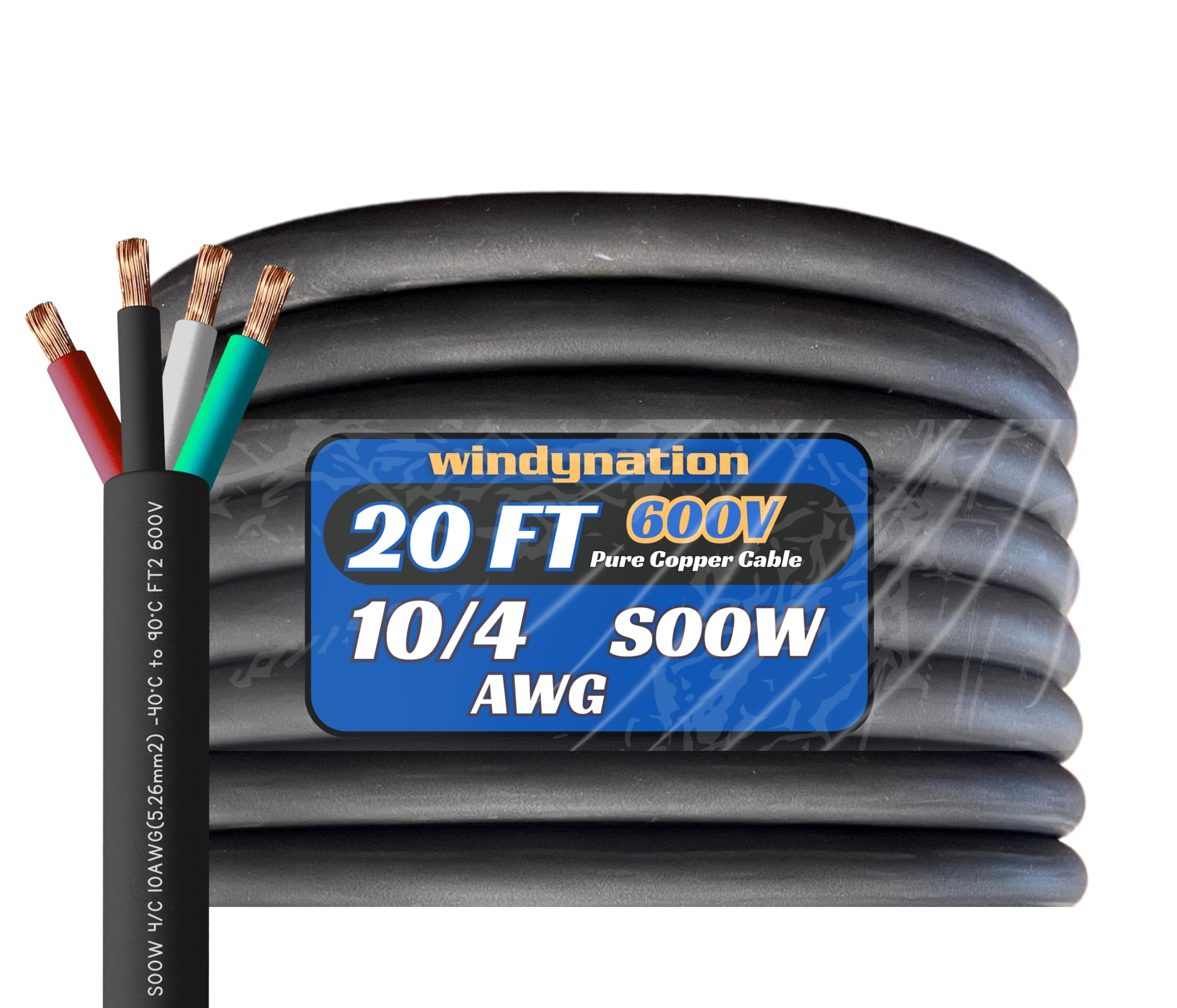 10/4 20 Feet 10 AWG SOOW SO Cable Cord Wire - 10 Gauge 4 Conductor 600V ...