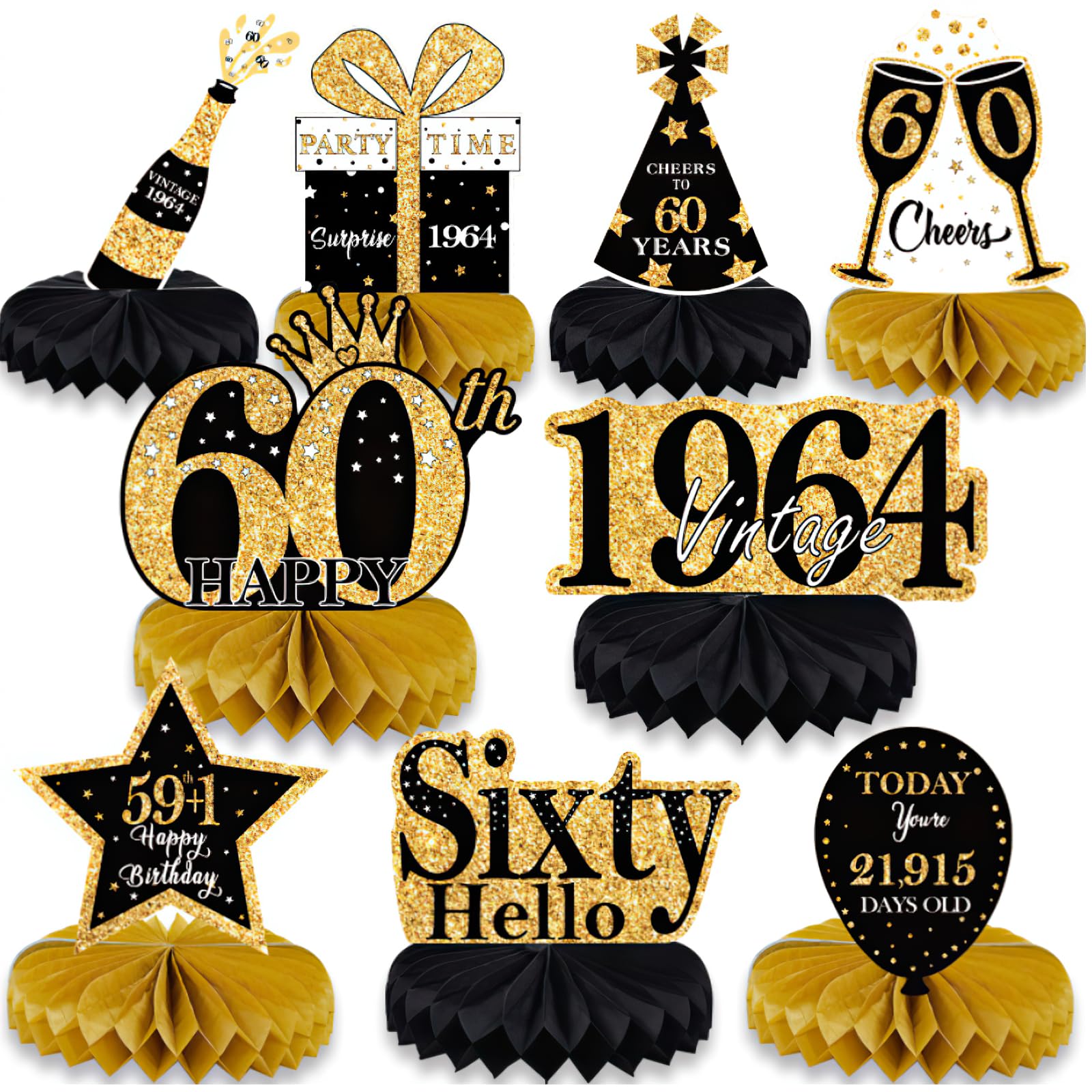 9 Pcs 60th Birthday Decorations Honeycomb Centerpieces for Women and ...