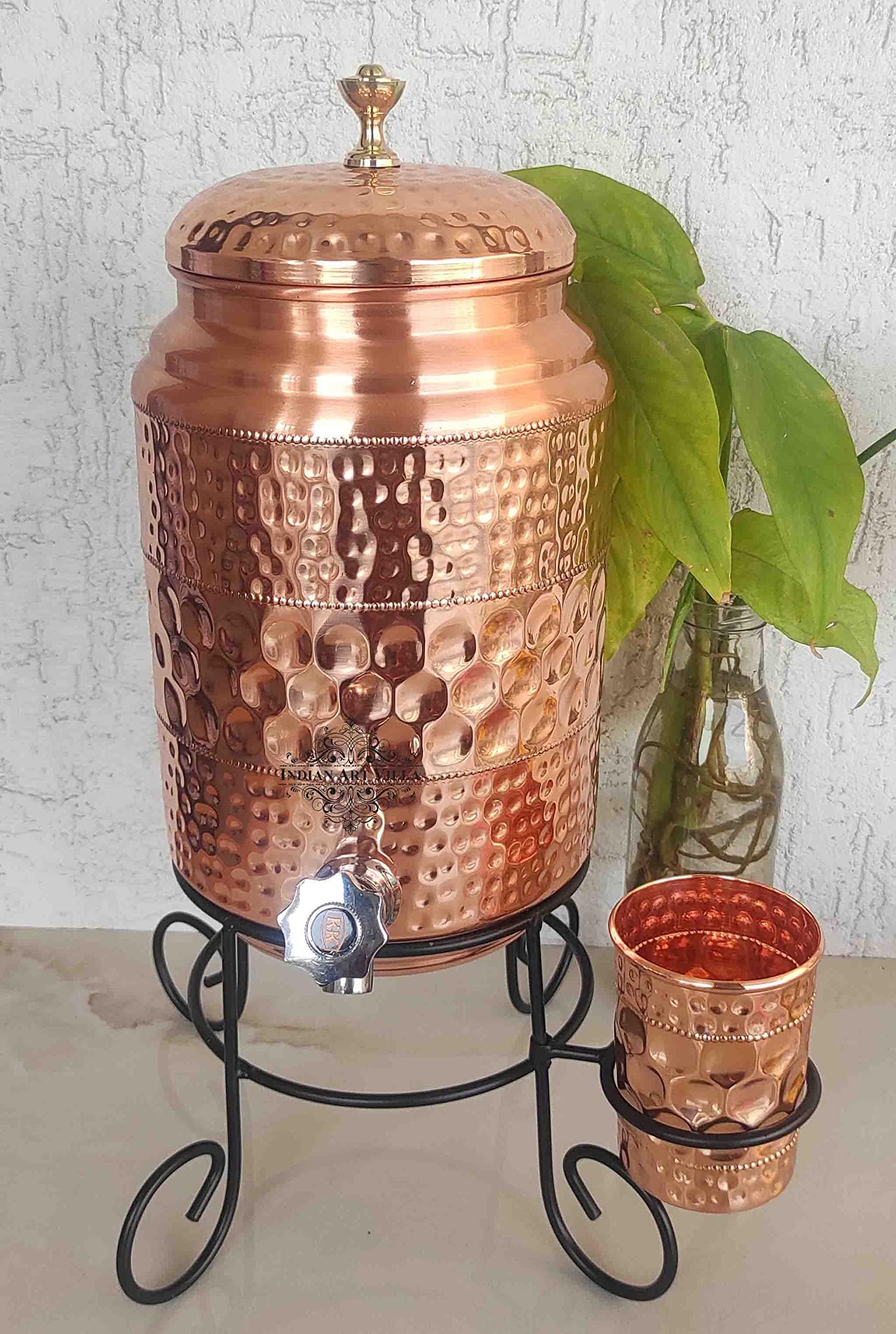 Buy Indian Art Villa Copper Hammered Water Pot with Stand, Storage ...