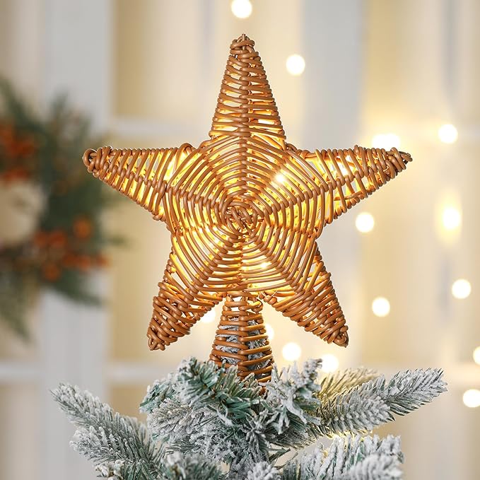 Amazon.com: Hoteam Christmas Rattan Star Tree Topper 8 Inch Faux Rattan ...