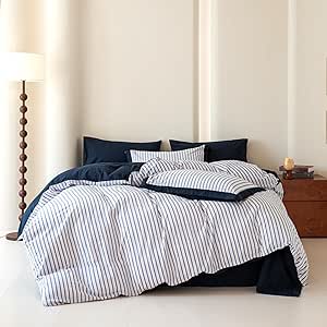 SUSYBAO Ticking Stripe Duvet Cover Queen 100% Washed Cotton 3 Pieces ...