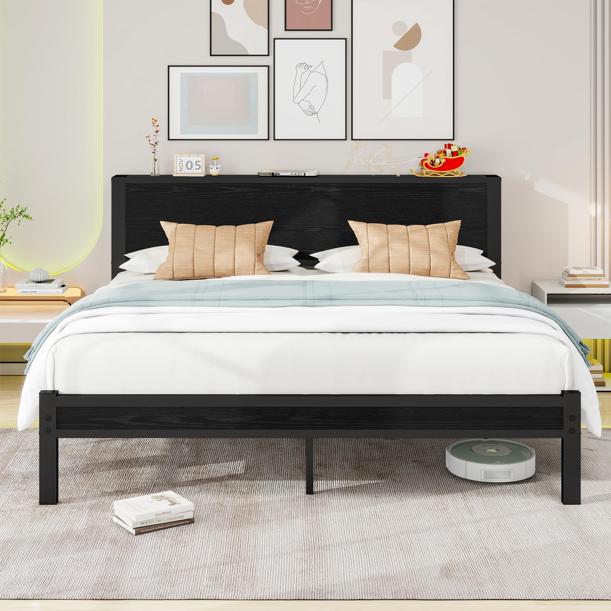 Diolong Queen Bed Frame with Wood Headboard, Platform Bed Frame Queen ...