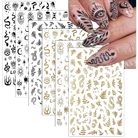 Amazon.com: 6 Sheet Gold Nail Stickers Black Snake Eyes Leaf Nail Art ...