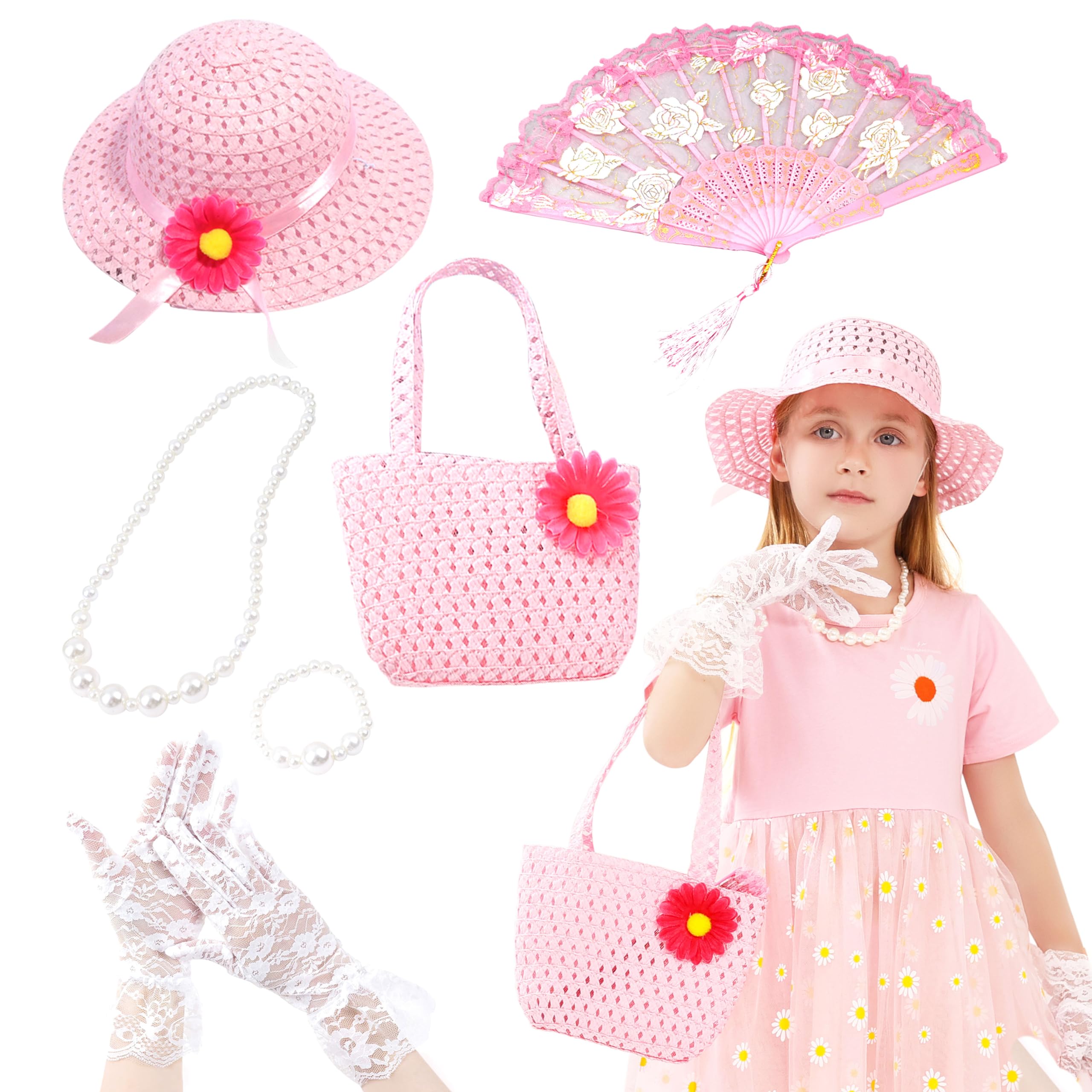 JeVenis Tea Party Hat Kids Fan Necklace Straw Hat Sun Hat Summer Beach ...