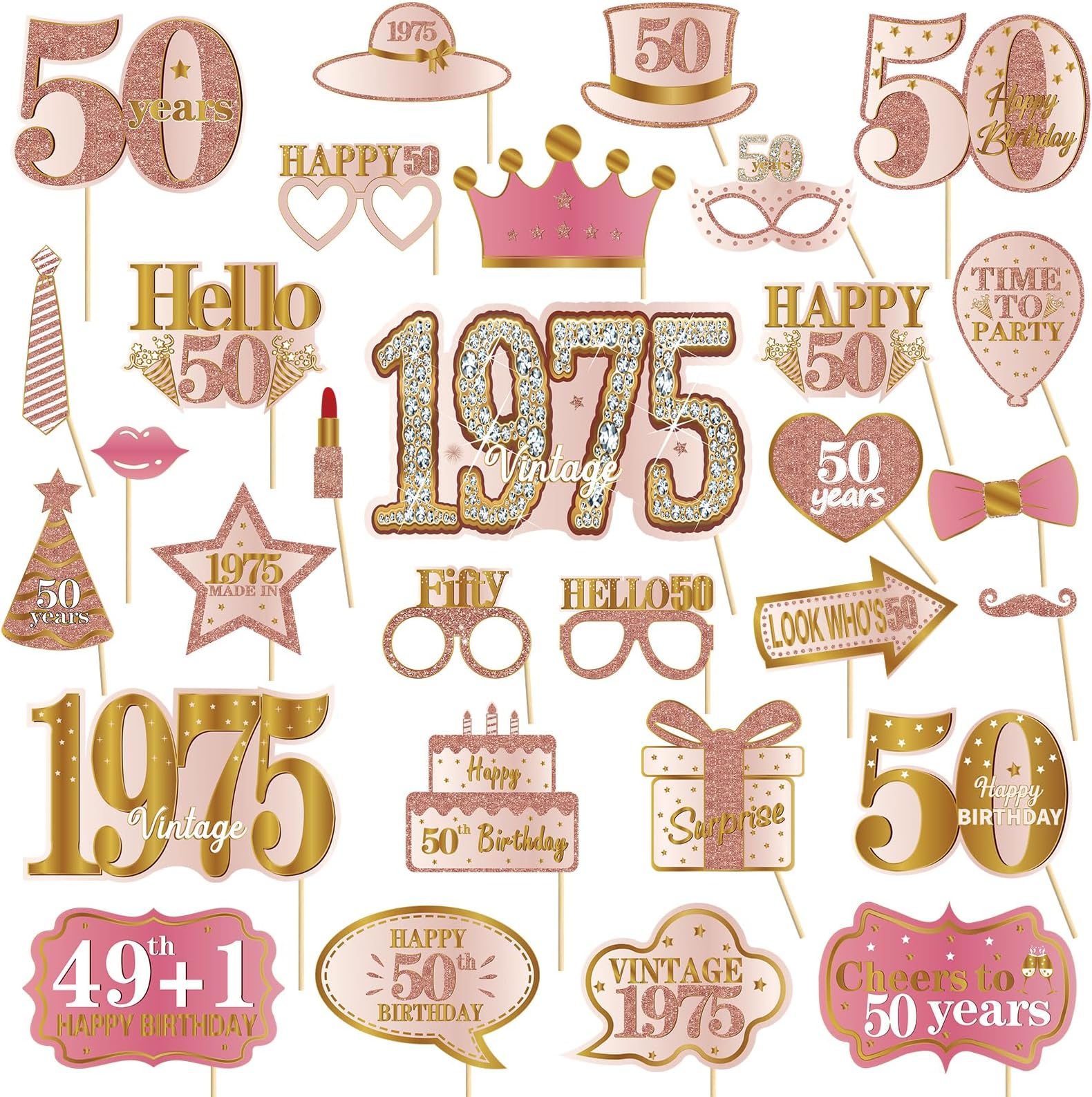 Amazon.com: 35pcs 50th Birthday Photo Booth Props Black and Faux Gold ...