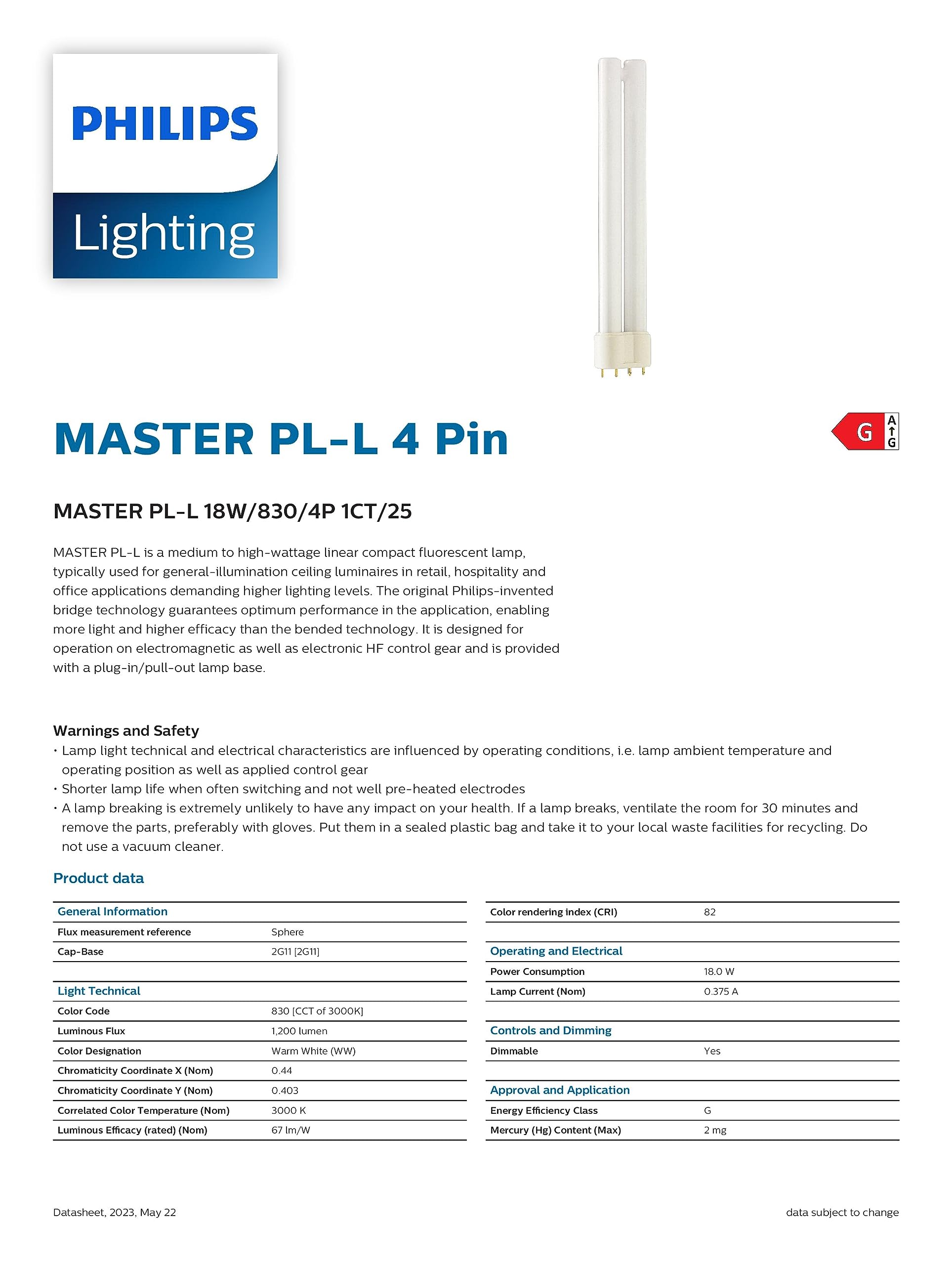 Philips MASTER PL-L18W W/840 4P 2 G11 4 Pin Base Compact Fluorescent ...