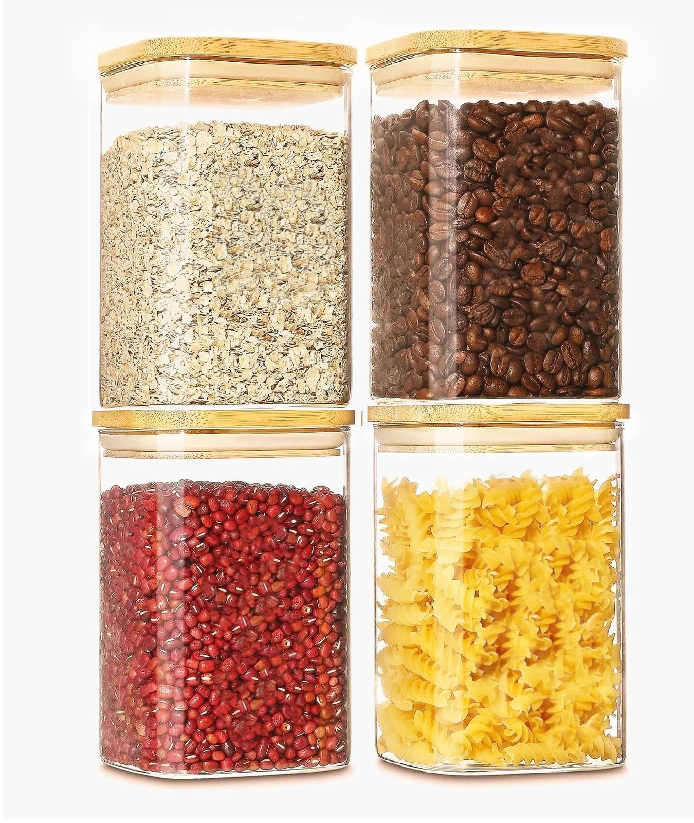 Glass Food Storage Jars with Bamboo Lids, 37oz Clear Square Airtight ...