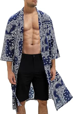 LecGee Men's Kimono Cardigan Loose Kimono with Belt Male Jacket Robes ...
