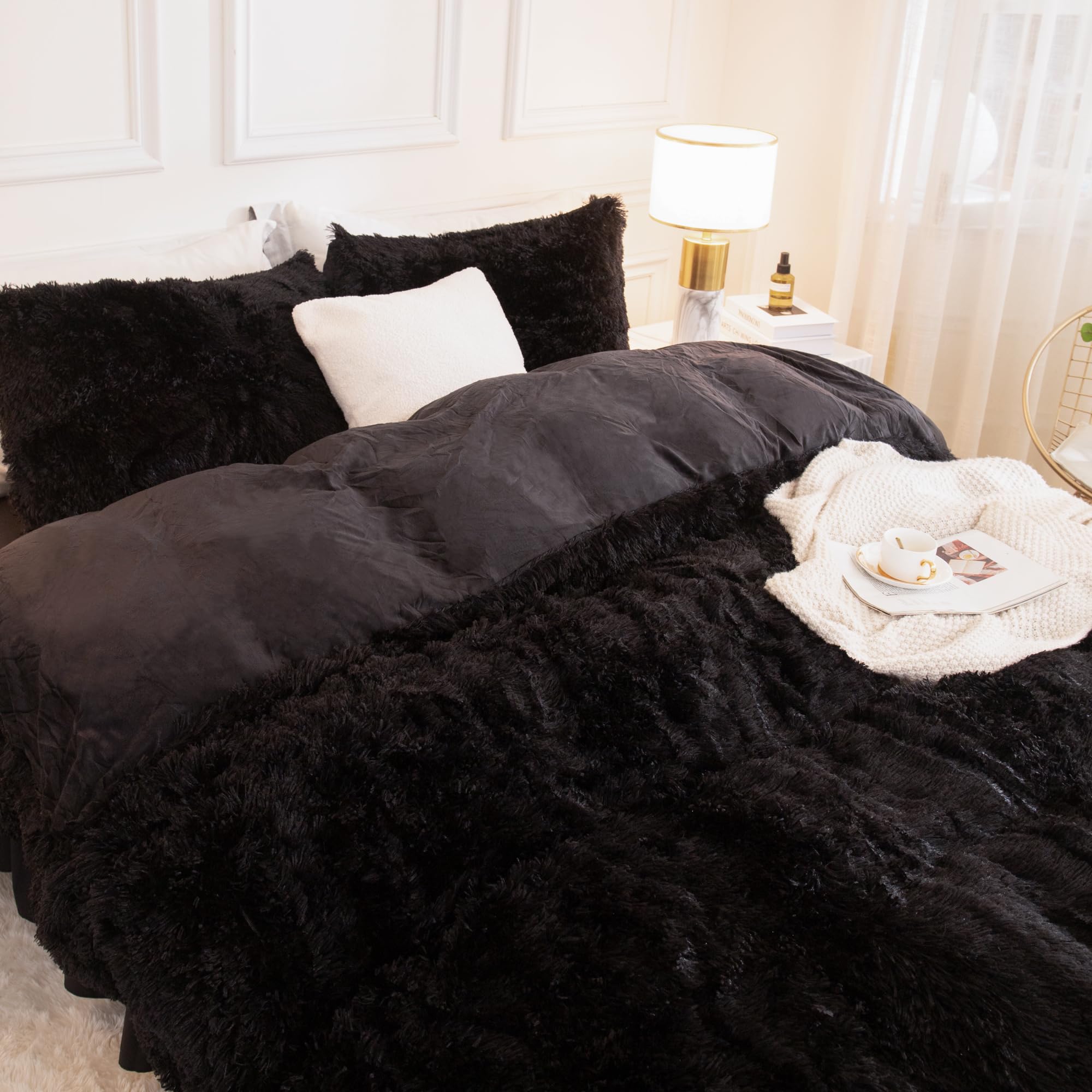 Andency Faux Fur King Size Comforter Set Black, 3 Pieces Fluffy Fuzzy ...