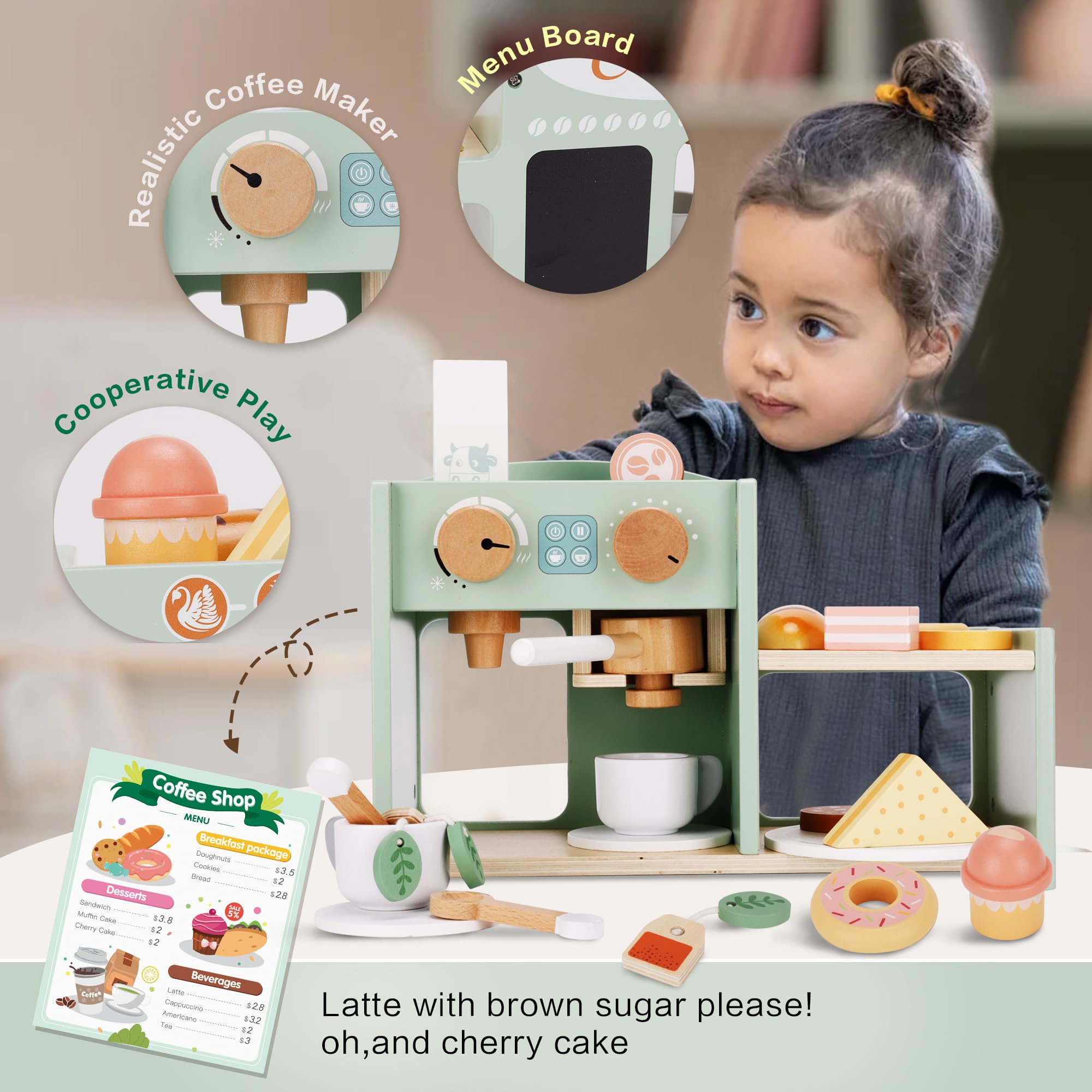 2-in-1 Wooden Coffee Sales Desk Playset, Coffee Maker Set - 24 PCS ...