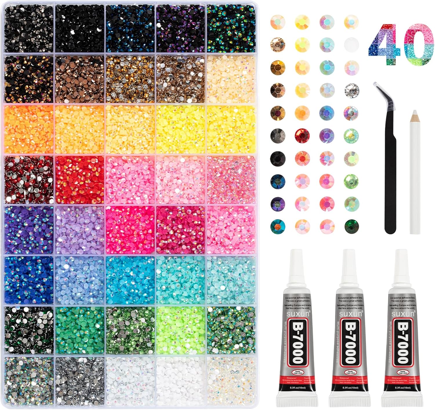 40 Colors Rhinestones Kit with 32000Pcs Flatback Gems,3 Pcs B7000 Glue ...