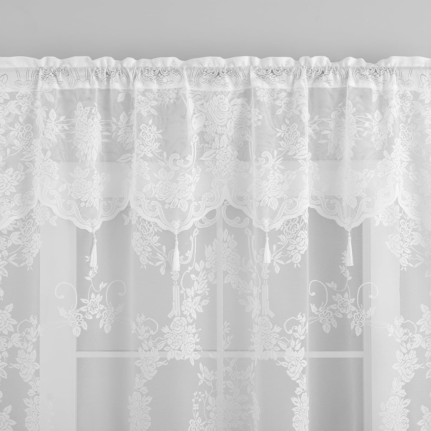Amazon.com: FINECITY White Lace Curtain Attached Valance with 6 Beaded ...