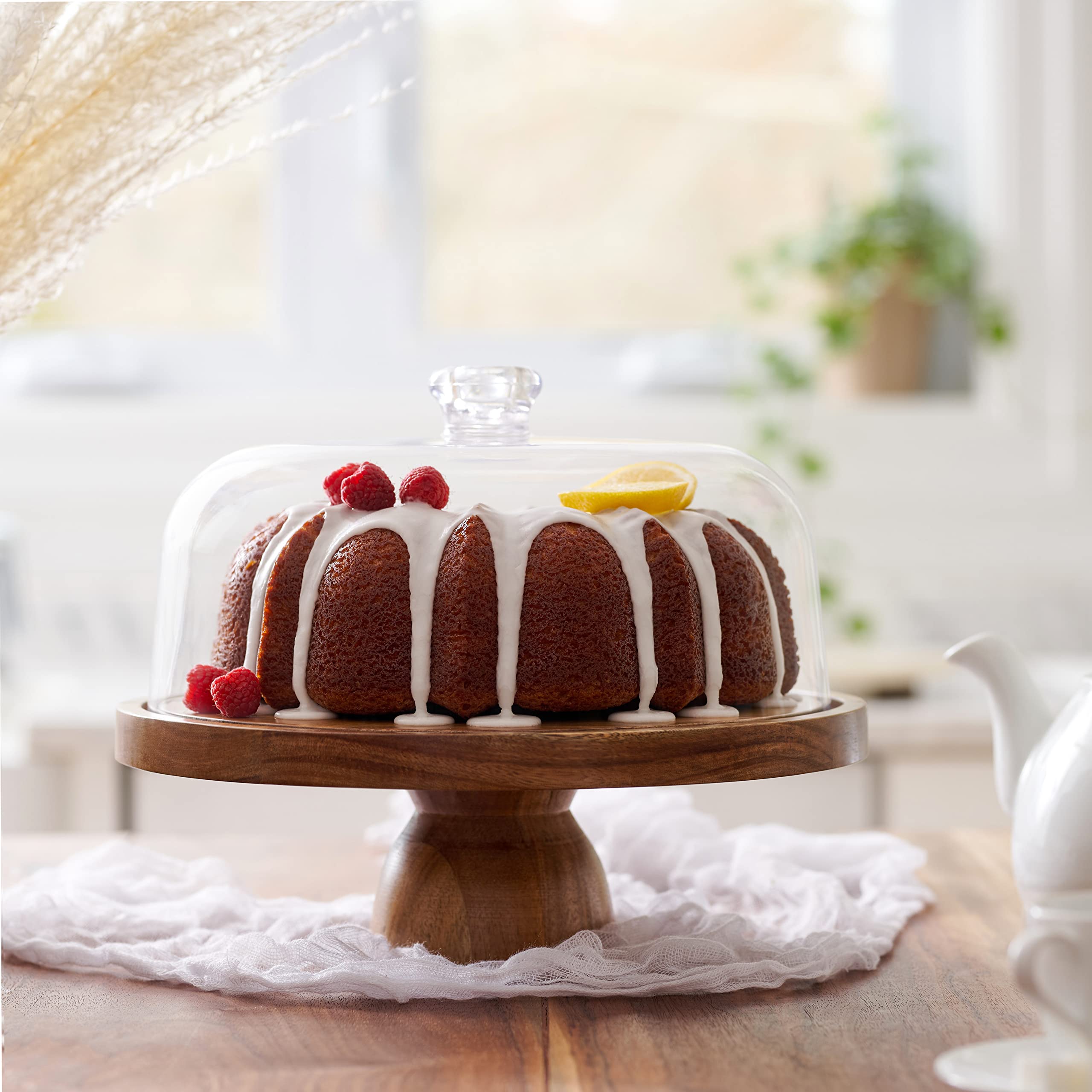 Homesphere Cake Stand with Acrylic Lid, Acacia Wood Base, Acrylic Dome ...