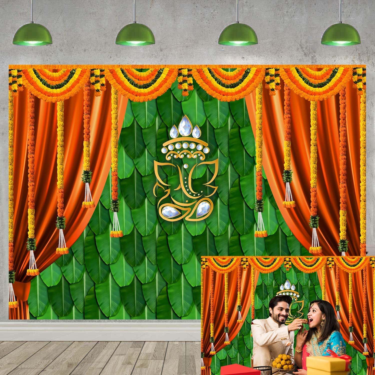 Indian Pooja Traditional Festival Backdrop Marigold Green Banana Leaf ...