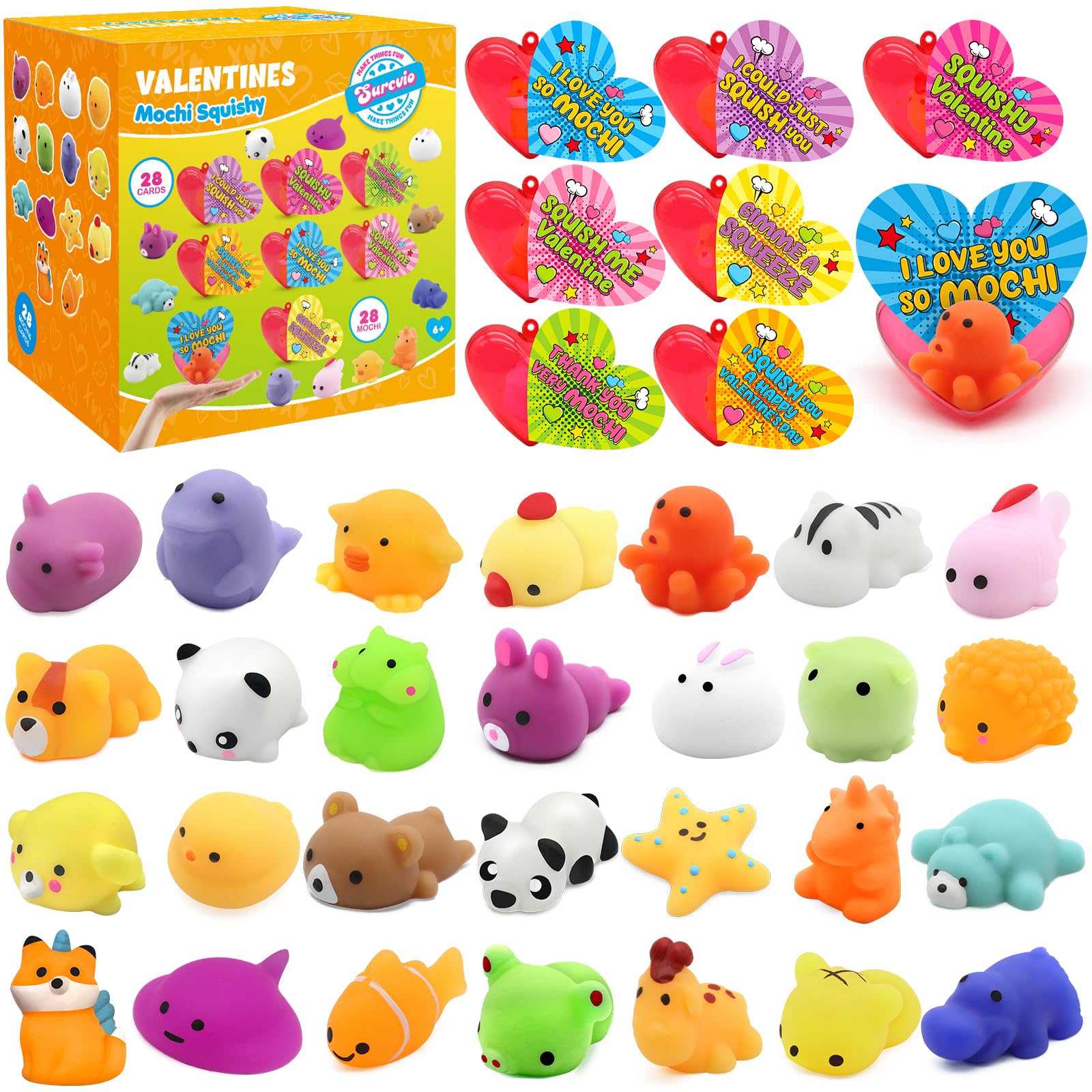 Amazon.com: SURCVIO 28 Pack Valentine Mochi Squishies Gifts for Kids, Greeting Cards and Animal ...