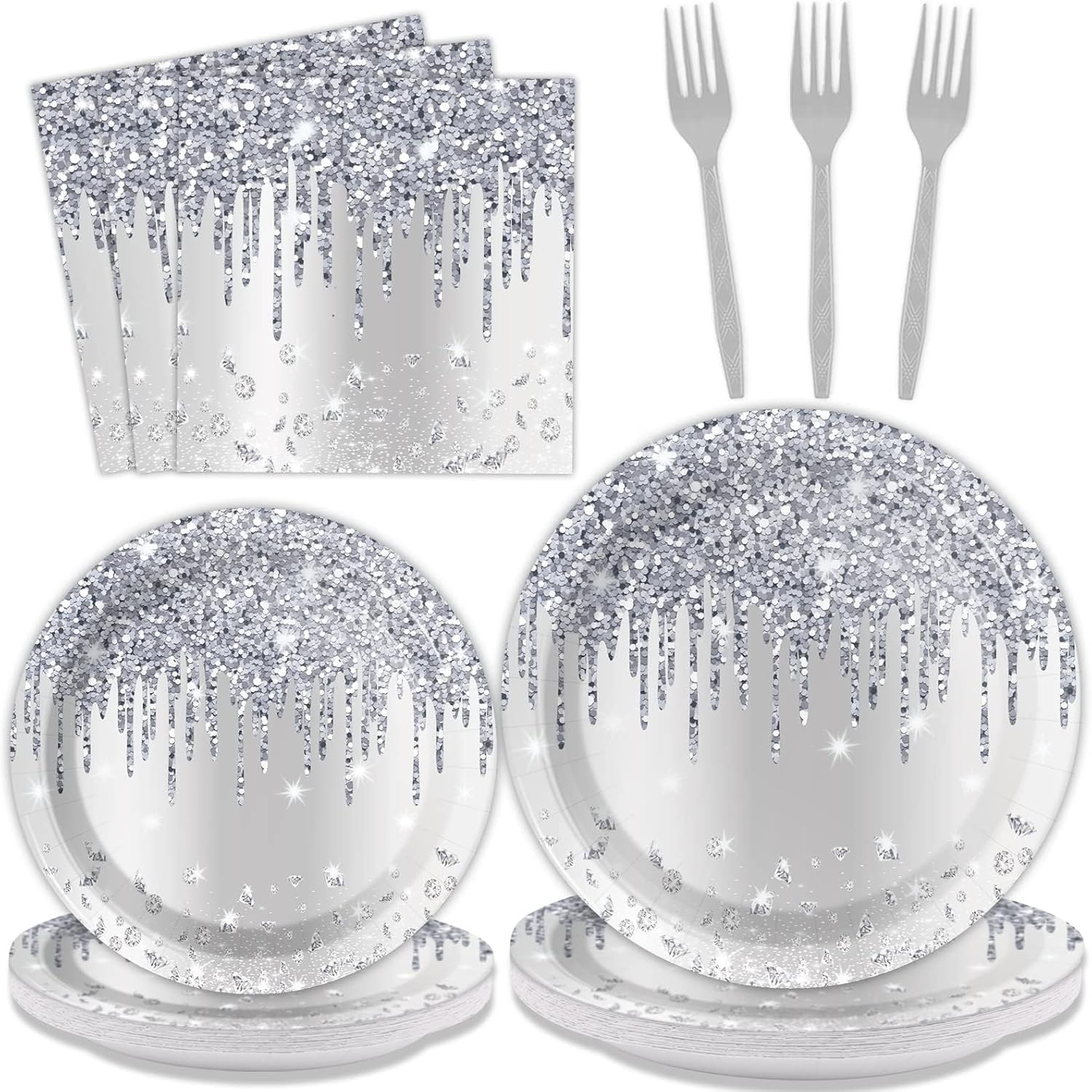 Amazon.com: 96 Pieces Silver Glitter Tableware Set for Happy Birthday ...