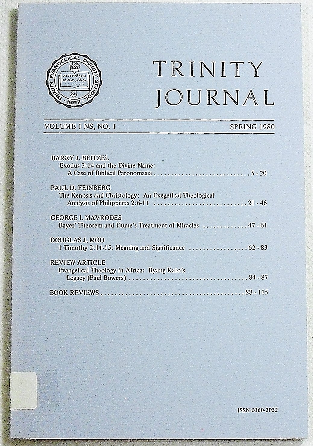 Trinity Journal, Volume 1 NS Number 1, Spring 1980: Barry J. Beitzel ...