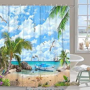 Amazon.com: Beach Theme Shower Curtain, Tropical Ocean Nautical Shower ...