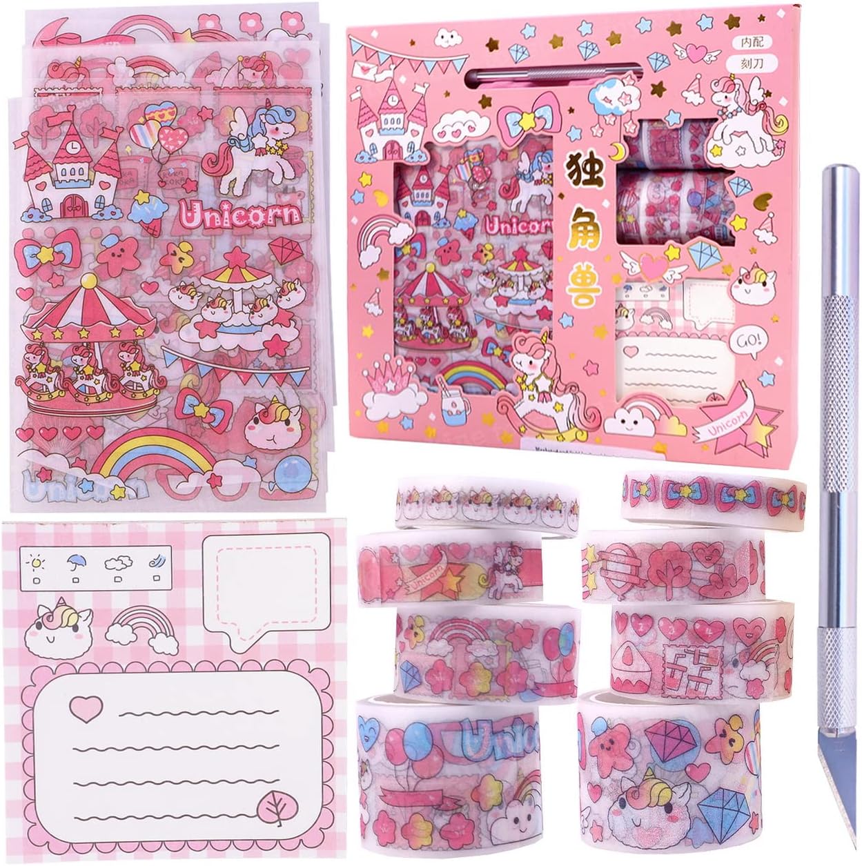 FunBlast Washi Tape with Kawaii Stickers, 10 Pcs Tape Rolls with 30 ...