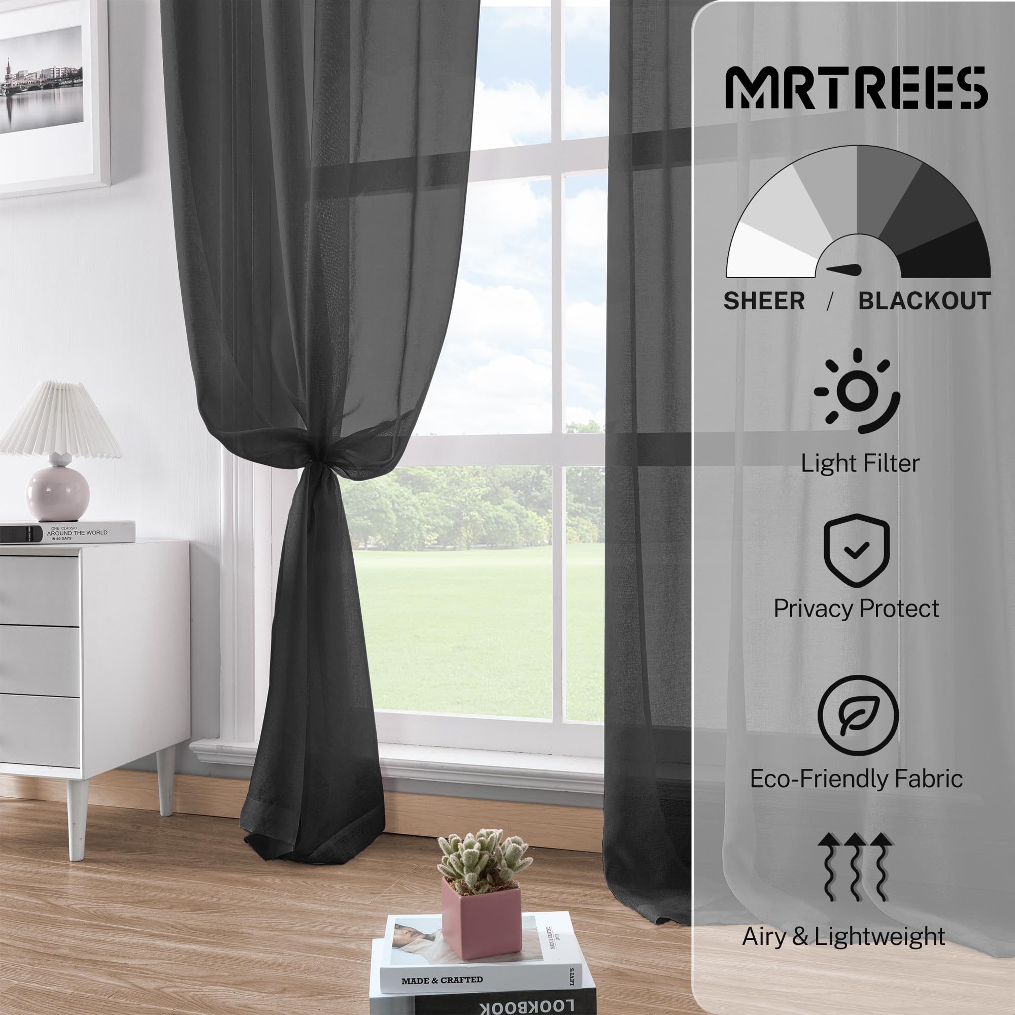 Snapklik.com : 40 Inch Sheer Curtains 2 Panels, Black Half Window ...