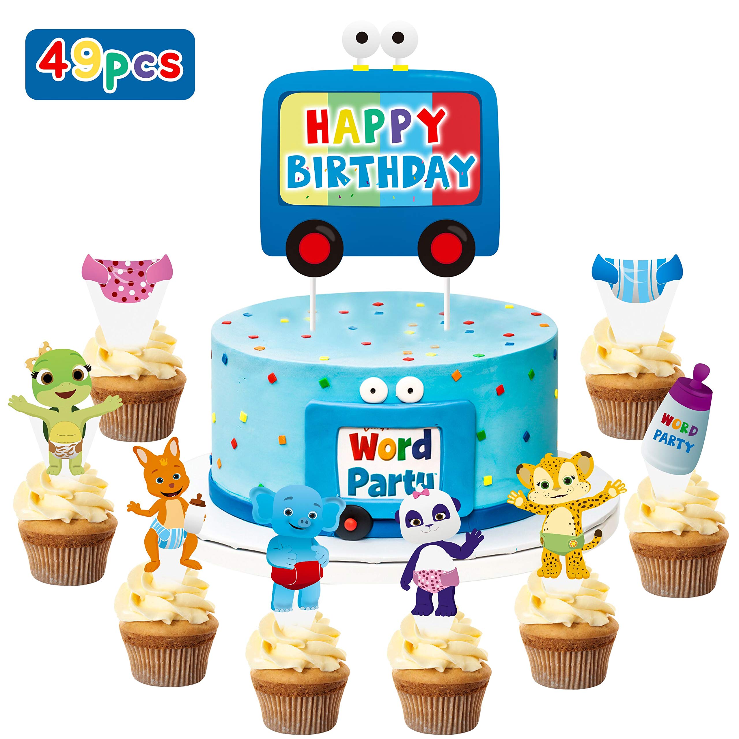 Haooryx 49pcs Word Party Happy Birthday Cake Topper Cute Cupcake ...