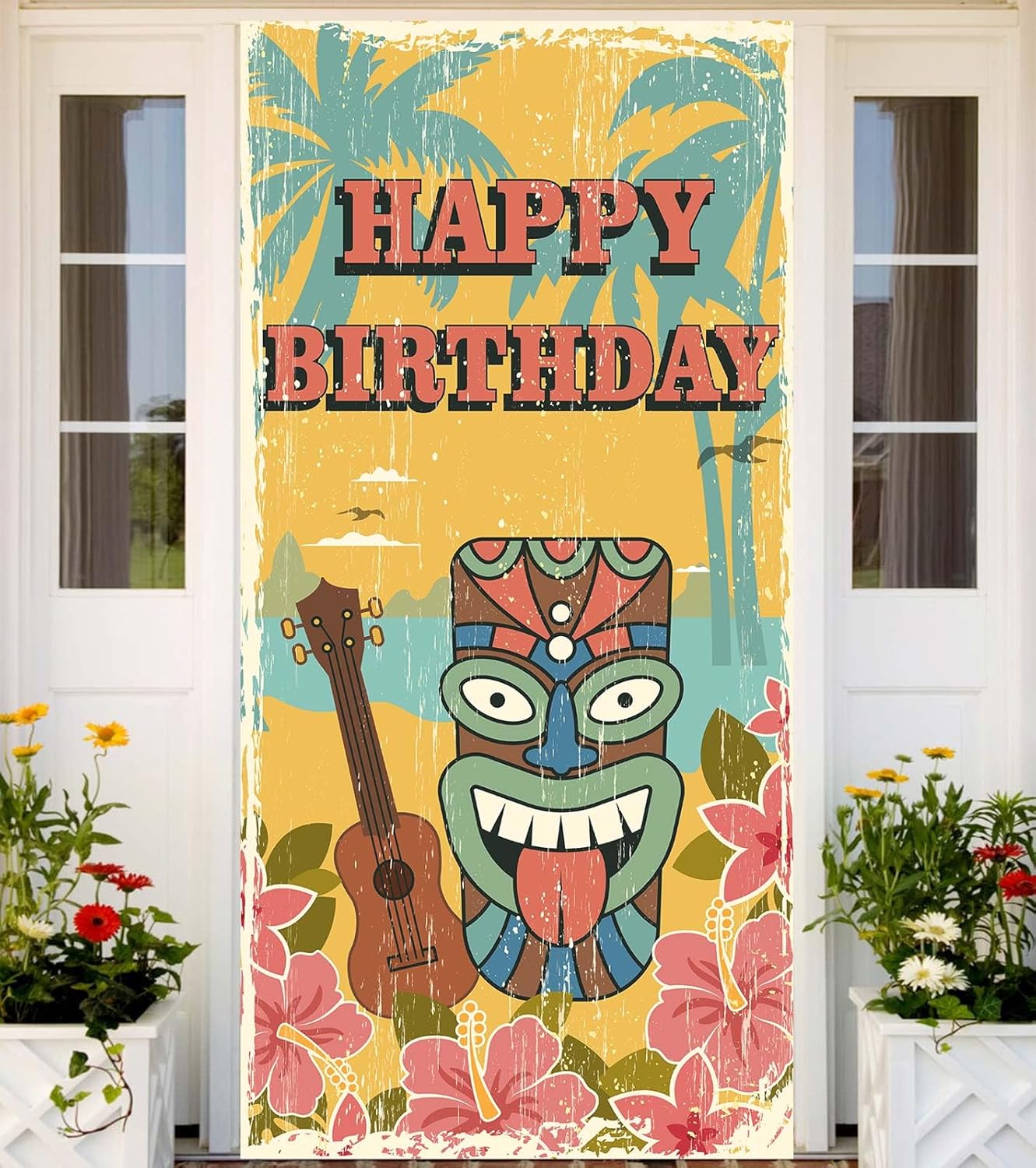 Amazon.com: Happy Birthday Aloha Banner Backdrop Hawaii Totem Palm Tree ...