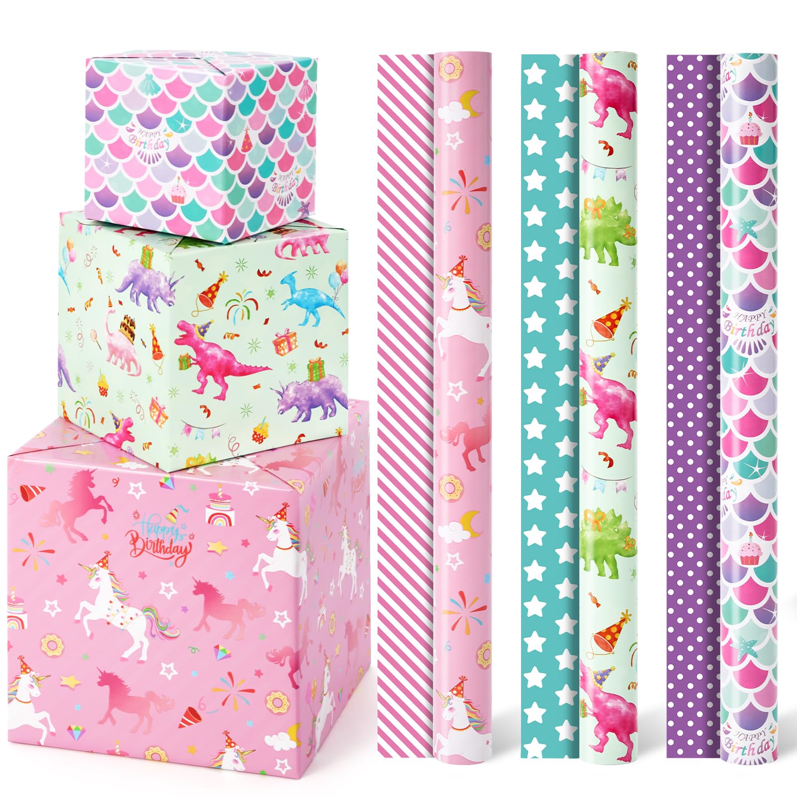 WERNNSAI Girls Birthday Wrapping Paper Rolls - 3 Rolls Birthday ...