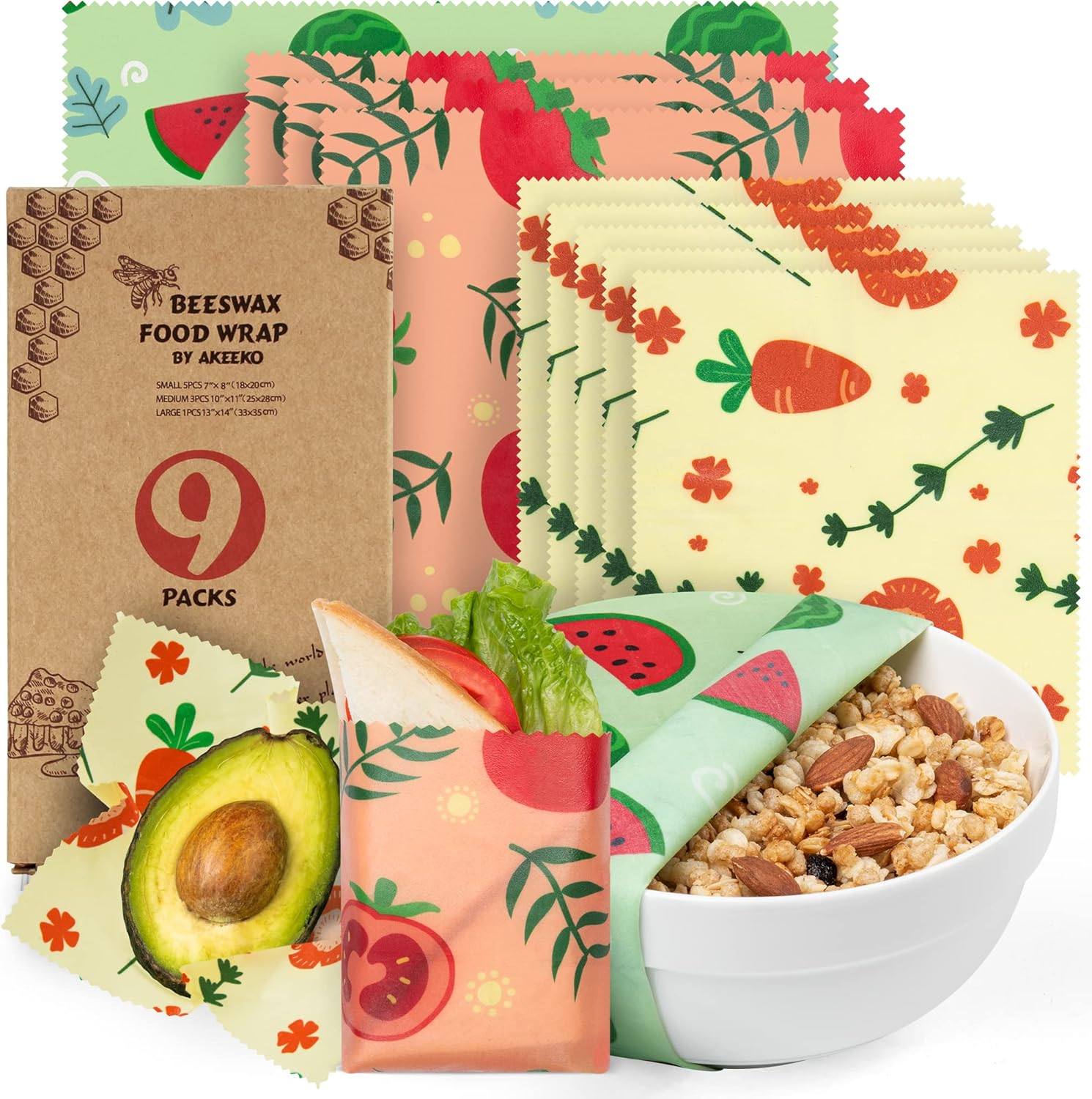 Amazon.com: Akeeko Reusable Beeswax Food Wraps - Assorted 9 Packs, Eco-Friendly Reusable Wrap ...