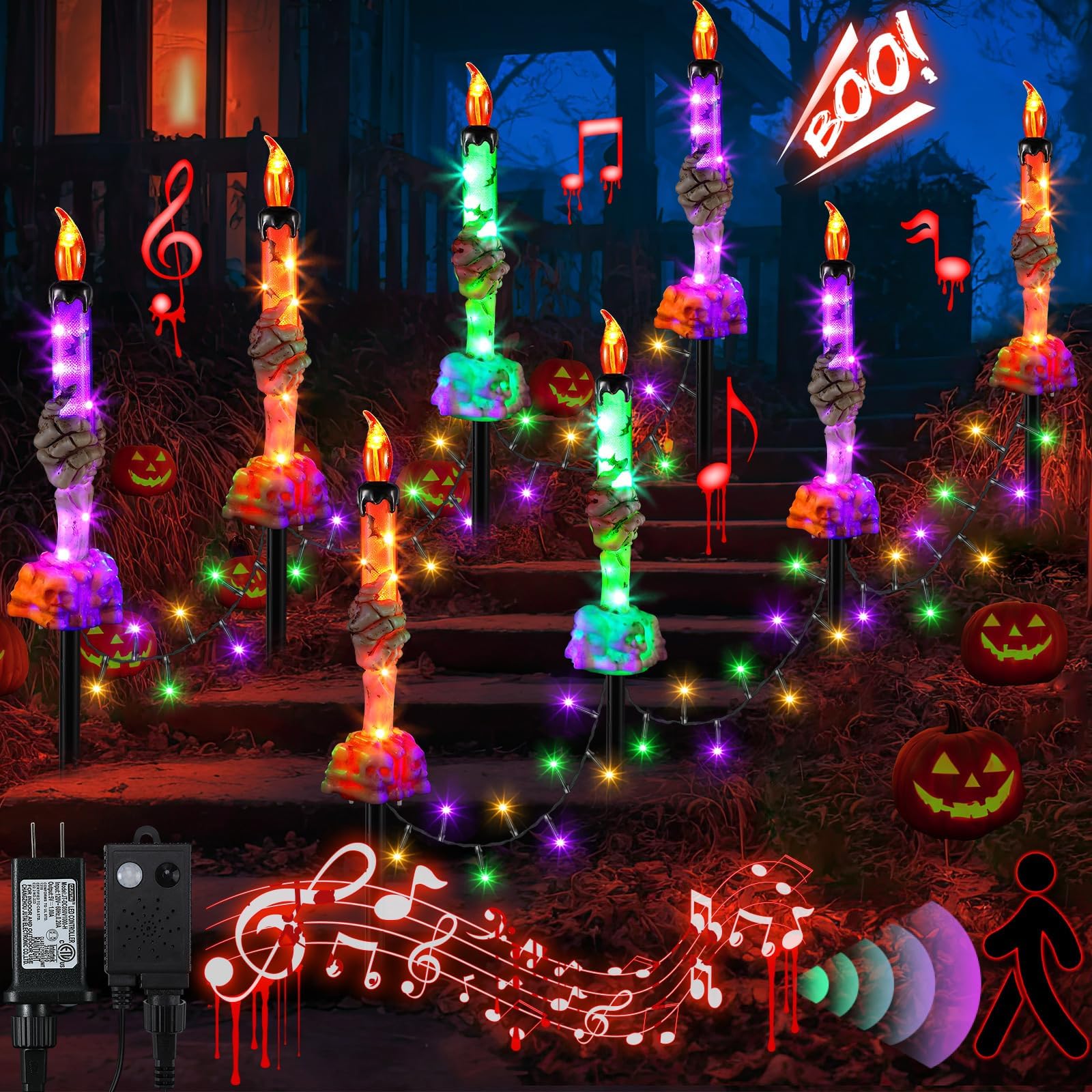 Amazon.com: Halloween Candle Light Stakes with Music Sync Spooky Sounds ...