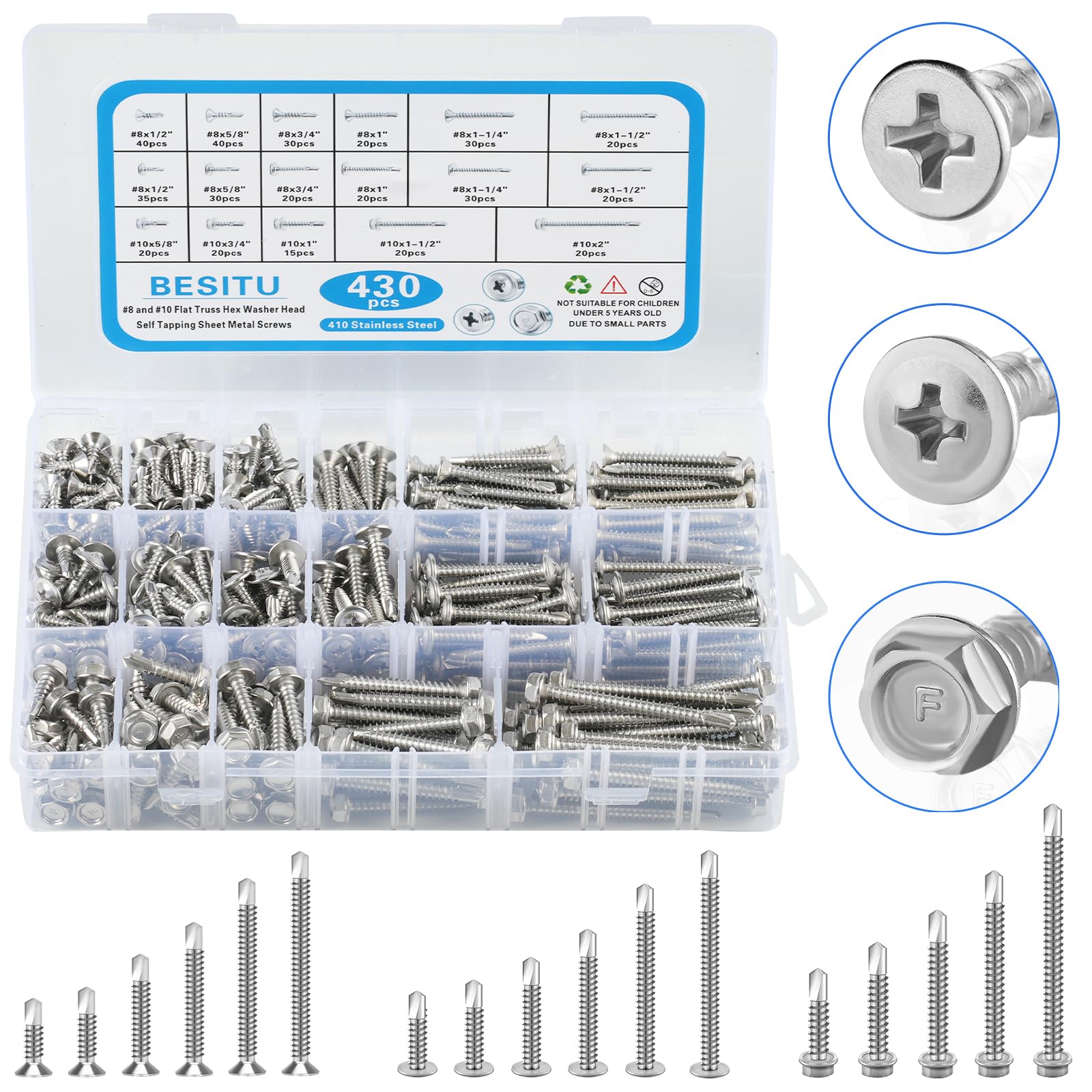 Besitu 430Pcs Self Tapping Screws for Metal, 410 Stainless Steel #8#10 ...